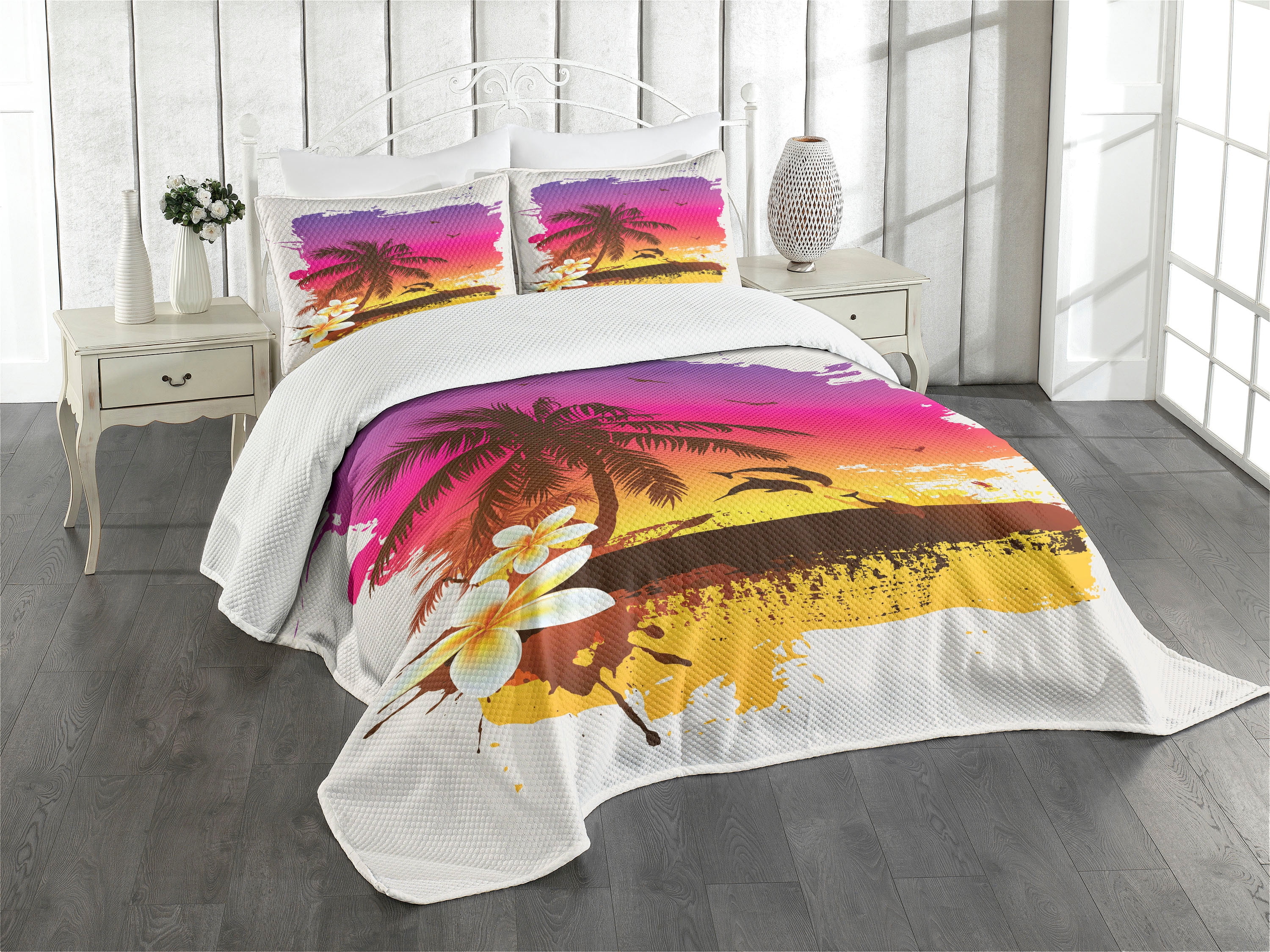 Ambesonne Luau Quilted Bedspread Set 3 Pcs, Tropical Beach Sunset ...