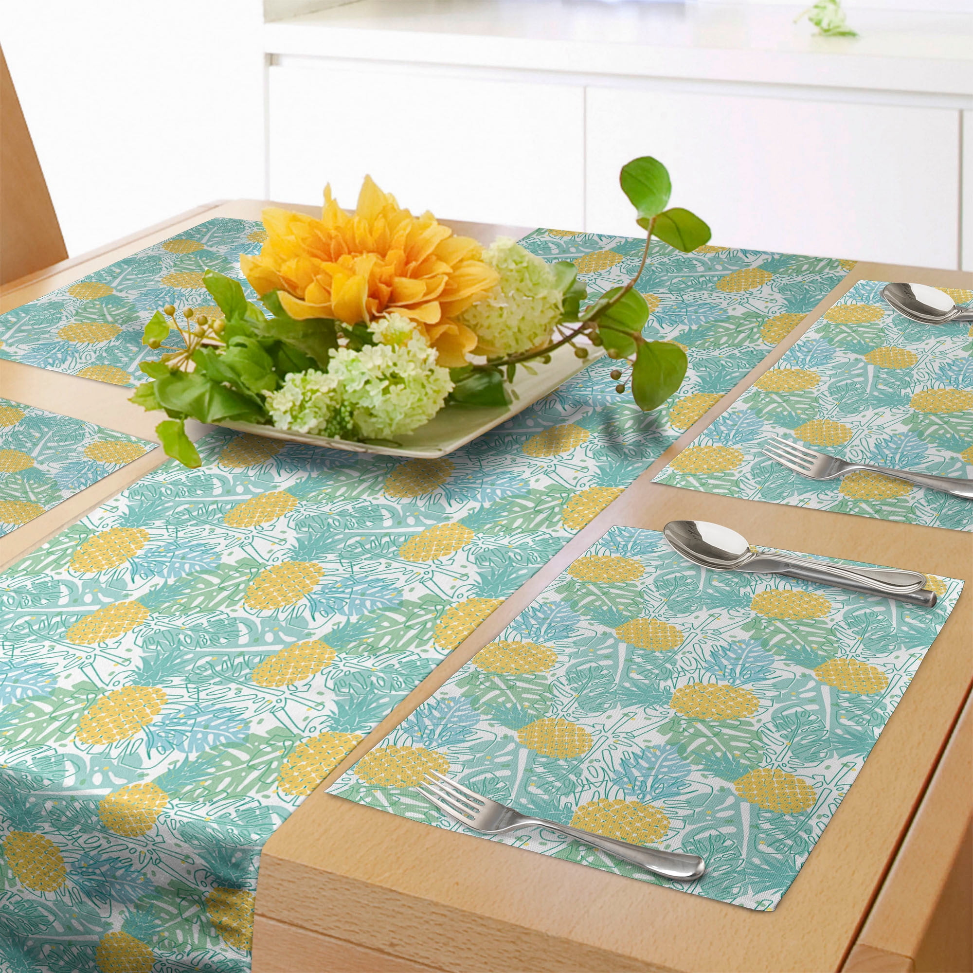 Ambesonne Luau Table Runner & Placemats, Summer Leaves and Pineapples ...