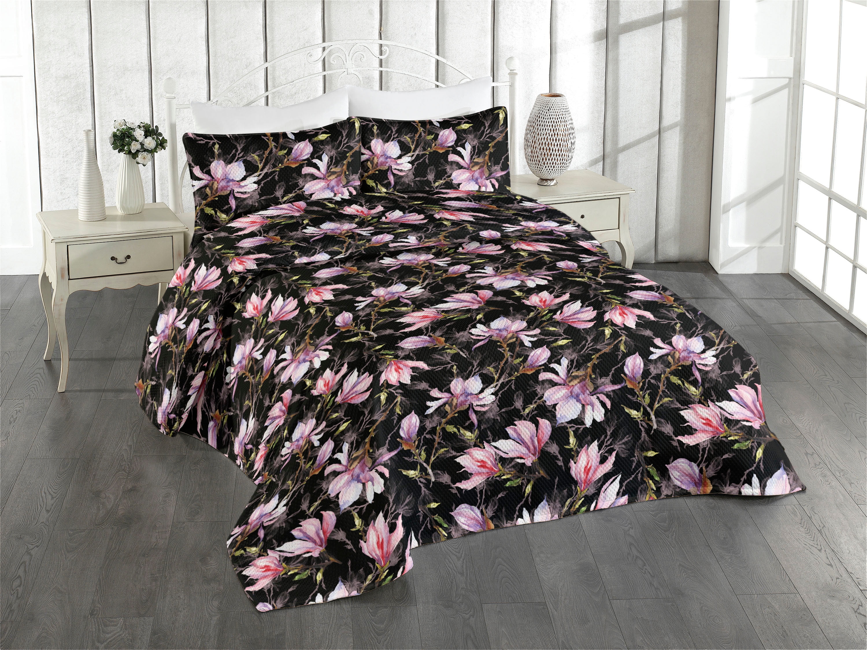 Ambesonne Magnolia Art Quilted Bedspread Set 3 Pcs, Melancholic Jungle ...