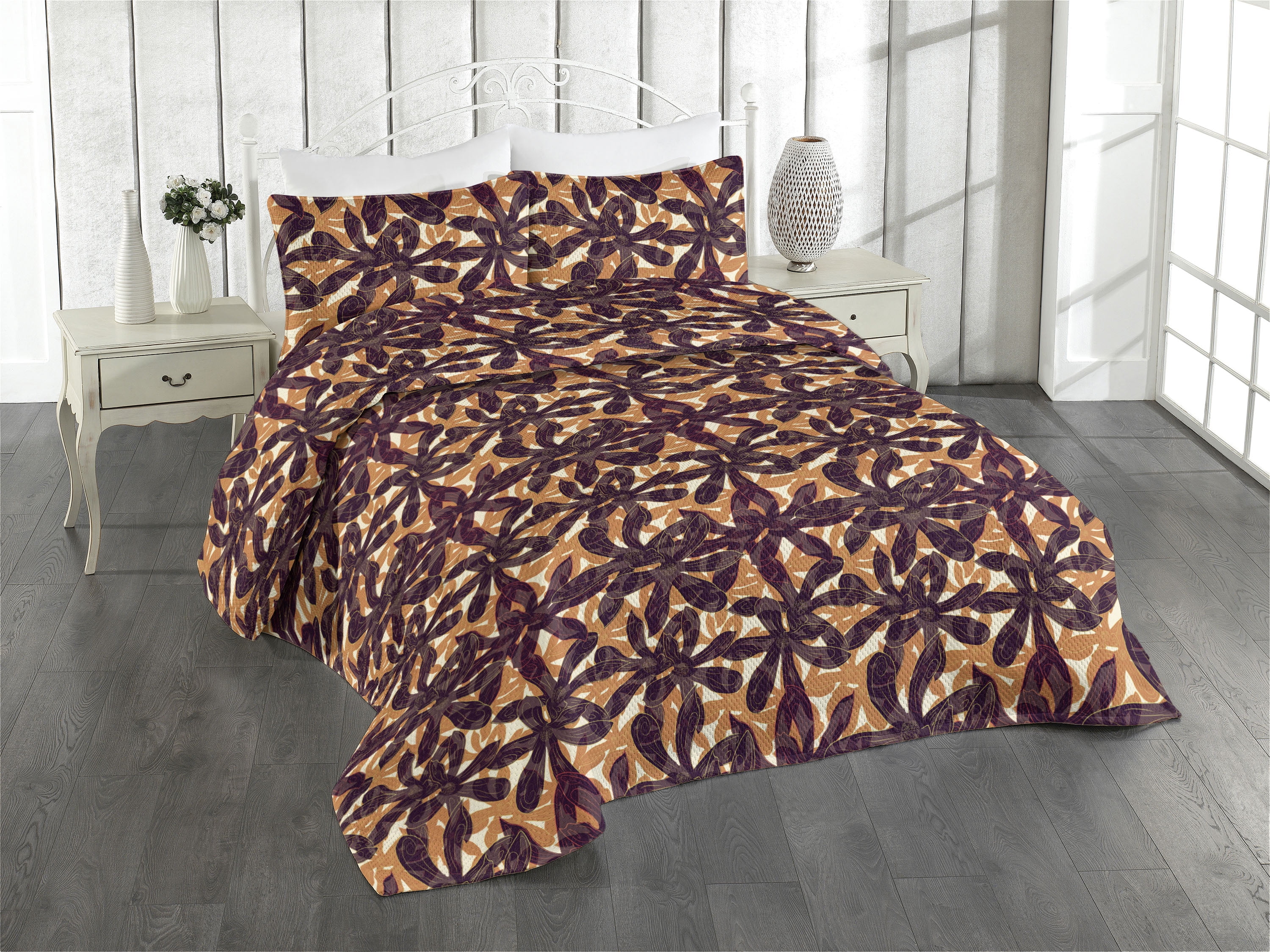 Ambesonne Magnolia Flowers Quilted Bedspread Set 3 Pcs, Dreamy Boho ...