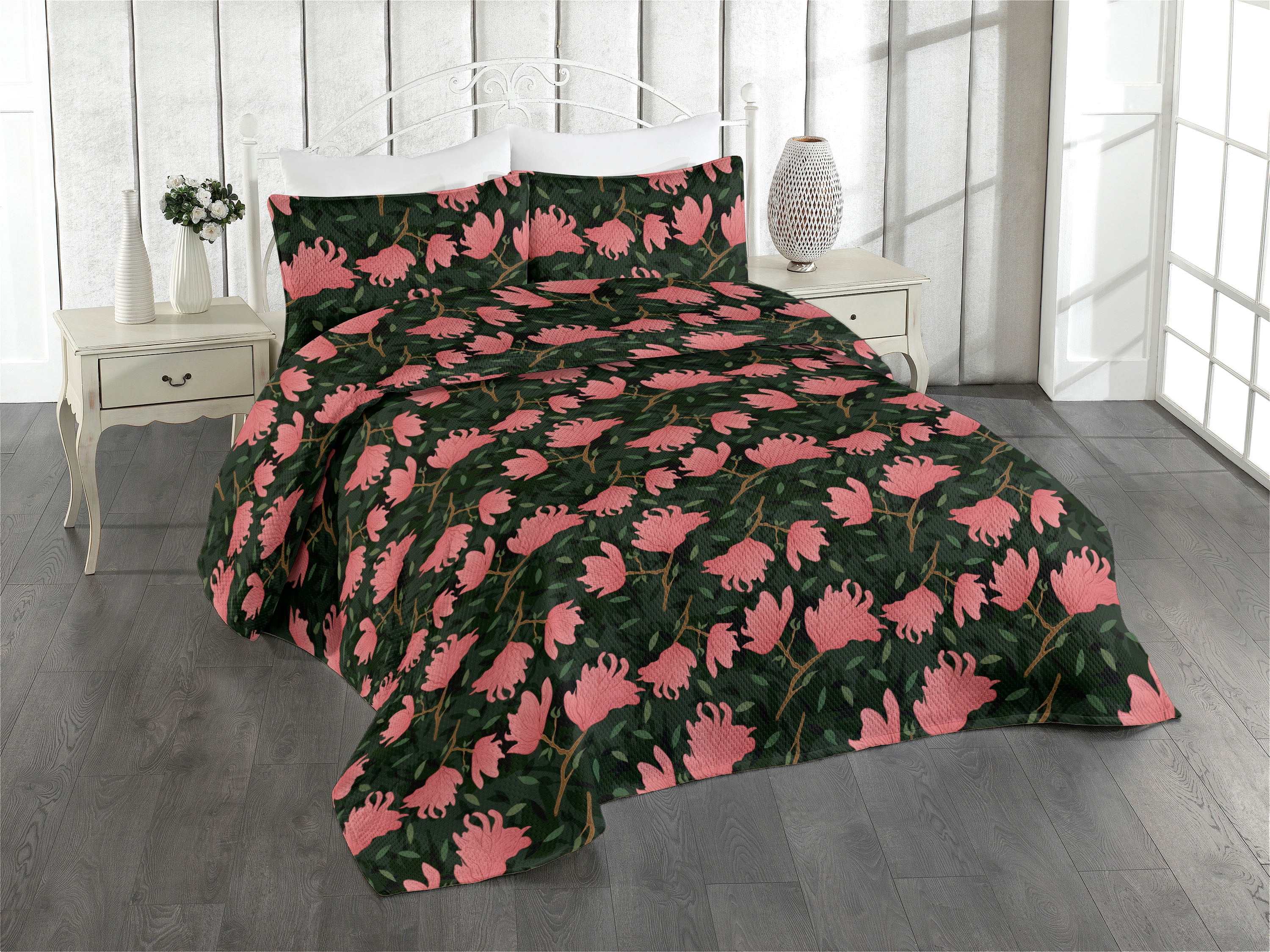 Ambesonne Magnolia Flowers Quilted Bedspread Set 3 Pcs, Leaves Romantic ...