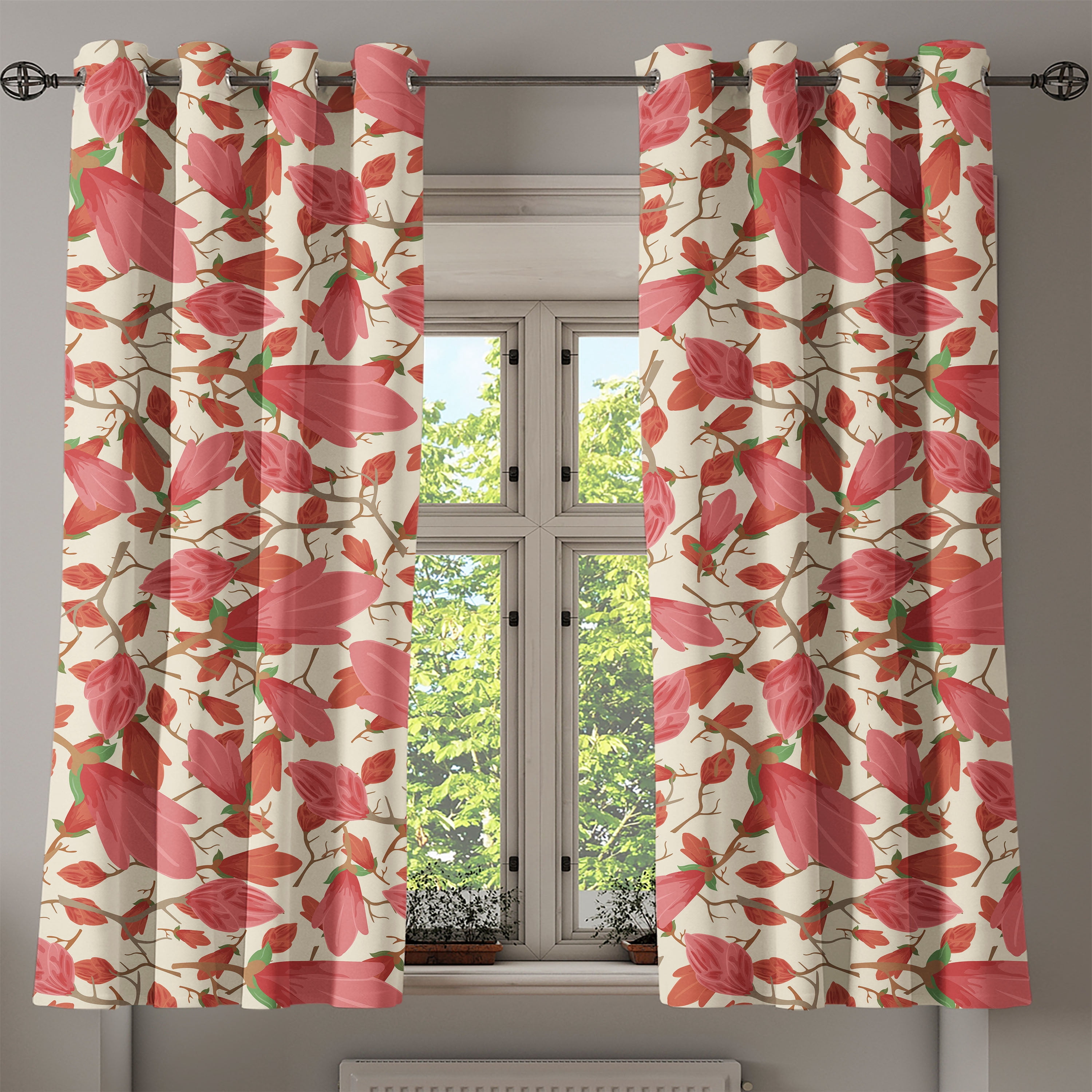 Ambesonne Magnolia Pattern Grommet Curtain, Art Delicate Bloom, 50"x60", Pale Ruby Fern Green ...