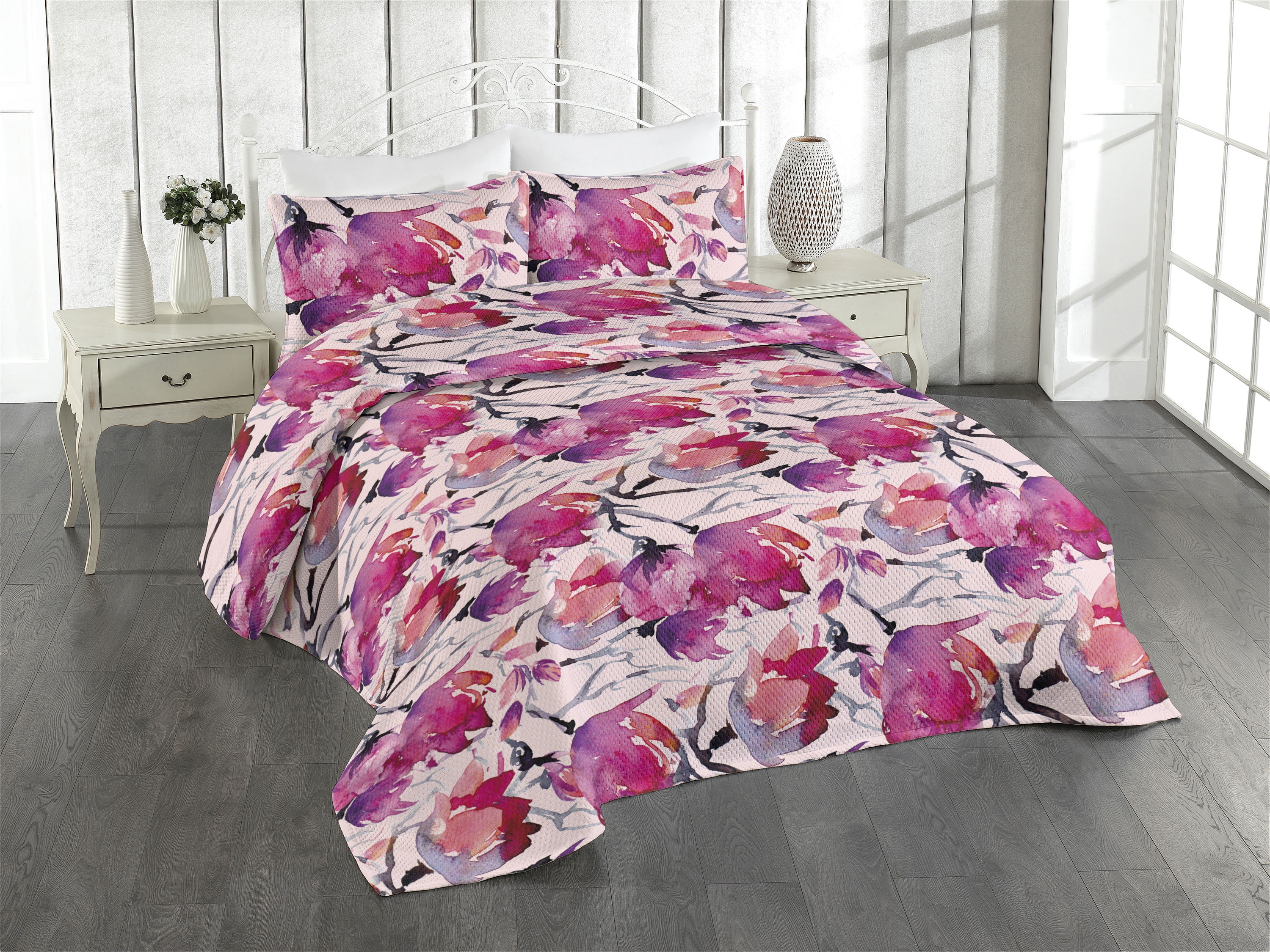 Ambesonne Magnolia Pattern Quilted Bedspread Set 3 Pcs, Reduncles ...