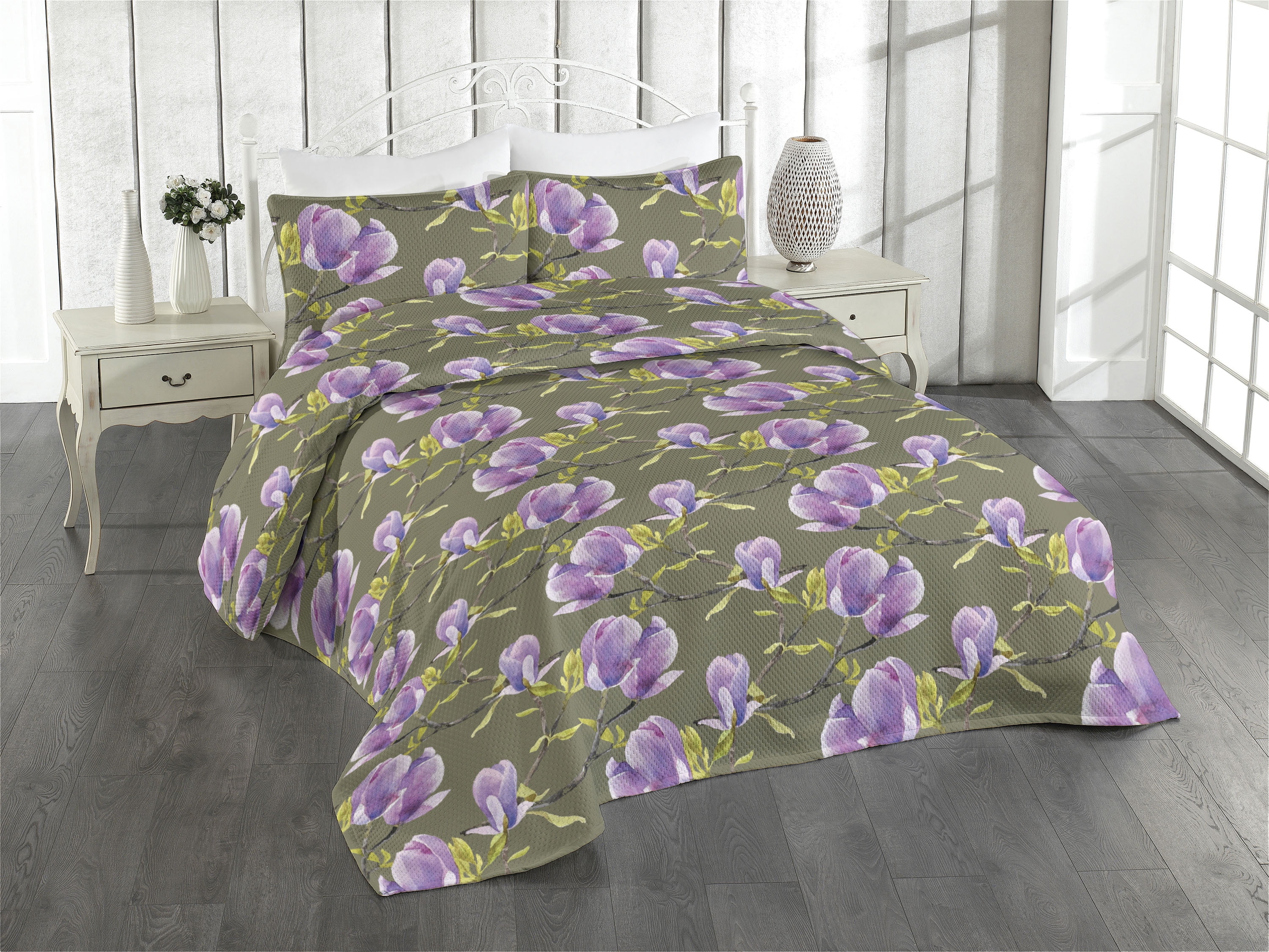 Ambesonne Magnolia Pattern Quilted Bedspread Set 3 Pcs, Simple Floral ...