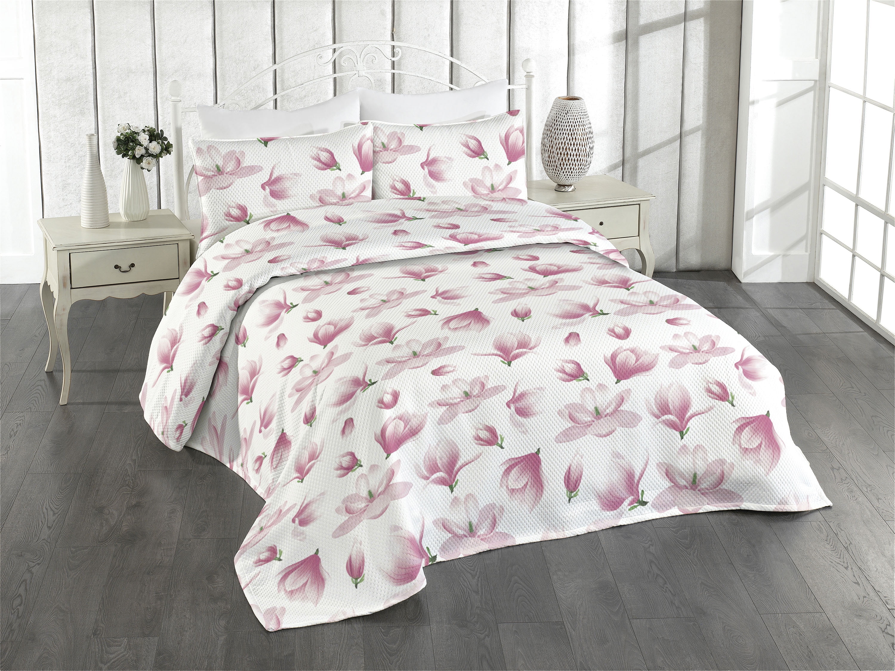 Ambesonne Magnolia Quilted Bedspread Set 3 Pcs, Modern Flowers Simple ...