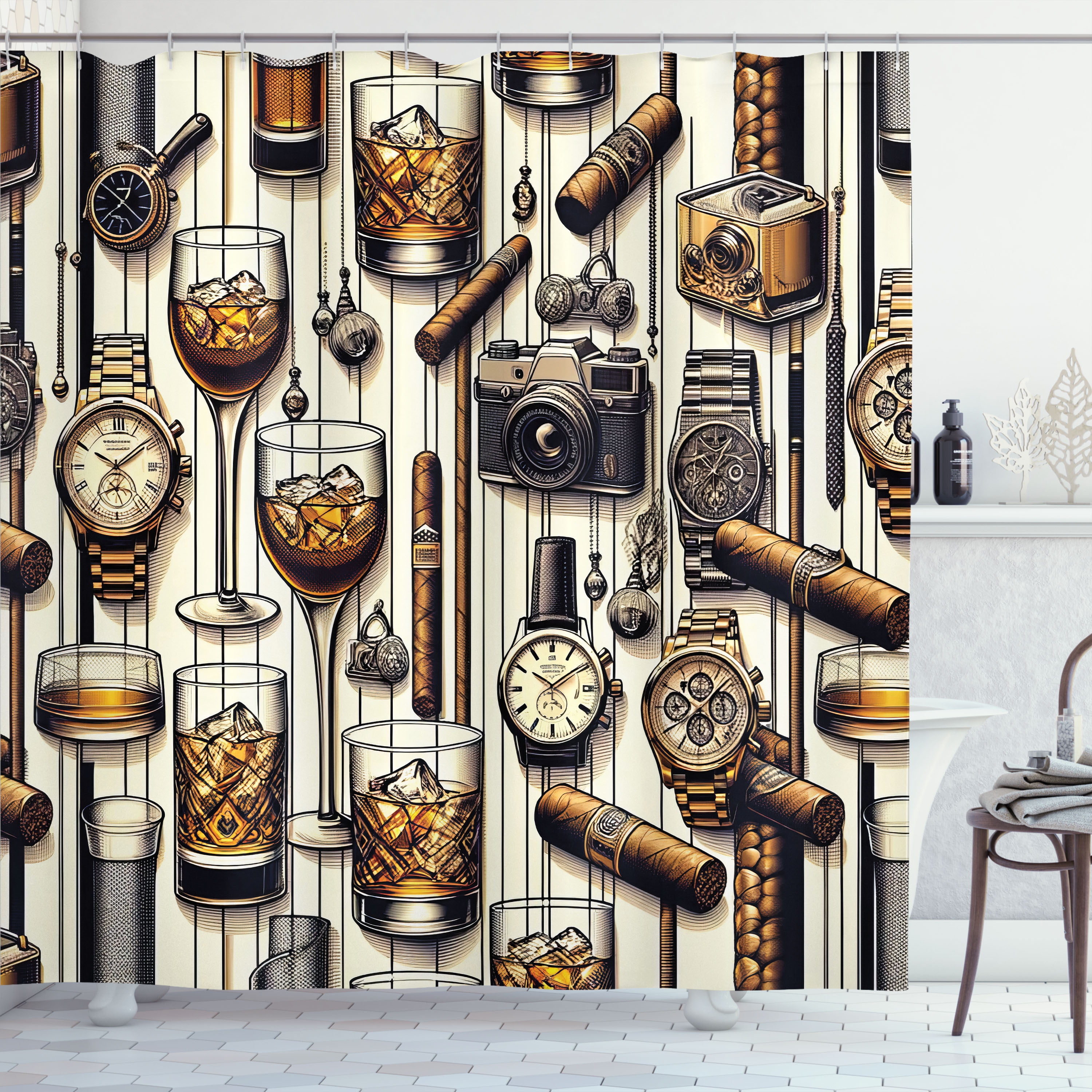 Ambesonne Man Cave Shower Curtain, Iced Whiskey Watches Cigar, 69"Wx70 ...