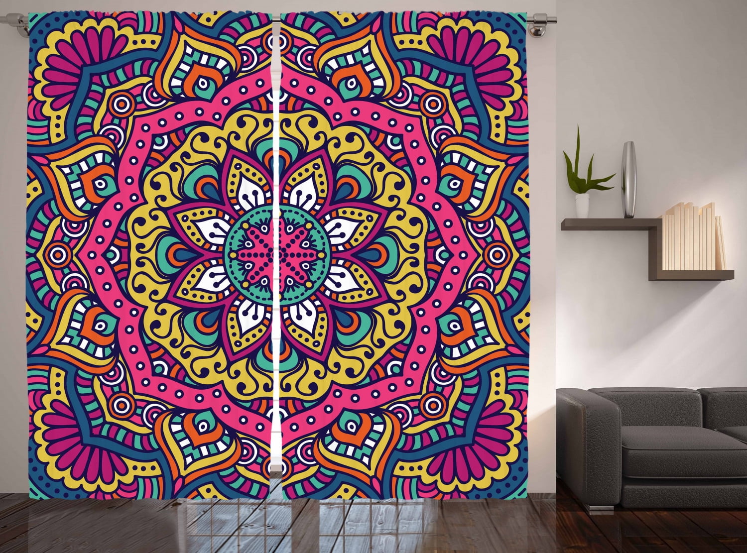 Ambesonne Mandala Curtains 2 Panel Set, Colorful Floral Motif, 108" x ...