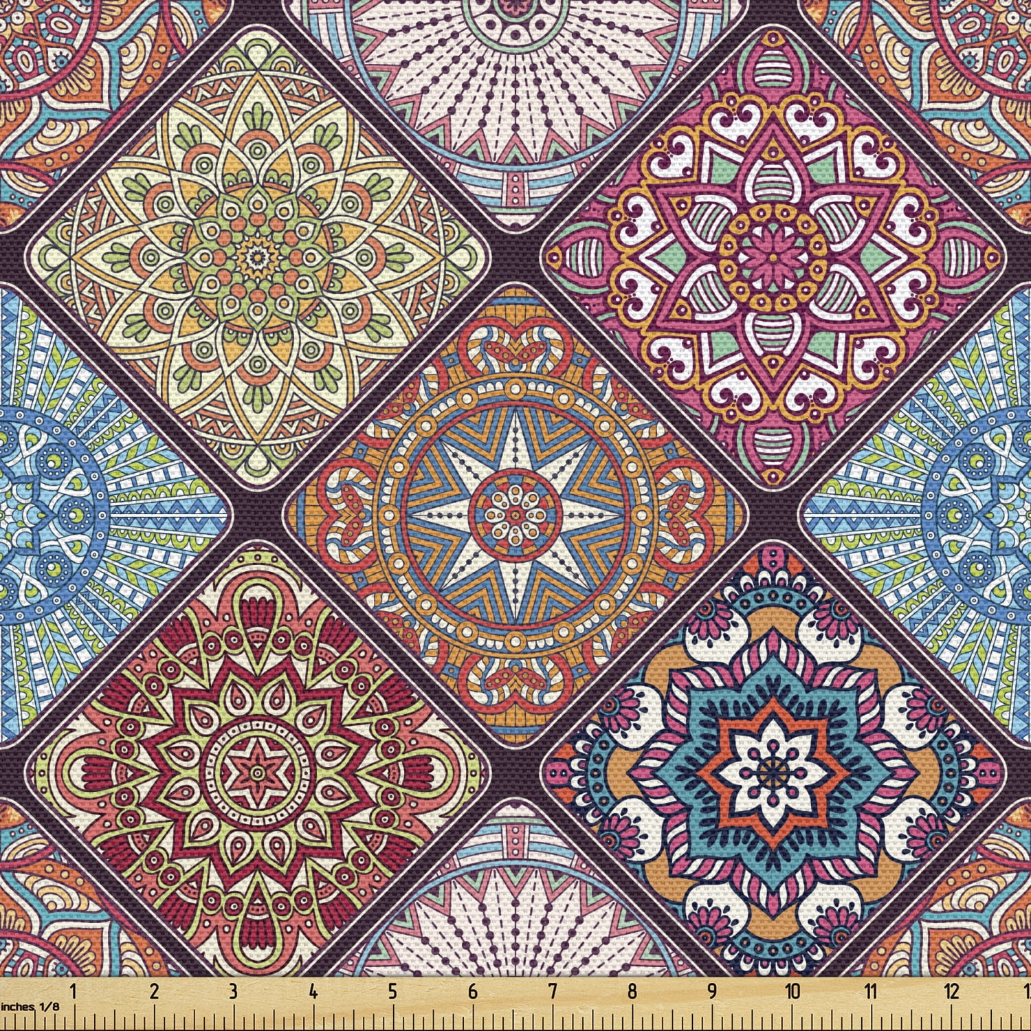 Ambesonne Mandala Fabric by the Yard Upholstery, Colorful Mosaic Floral ...