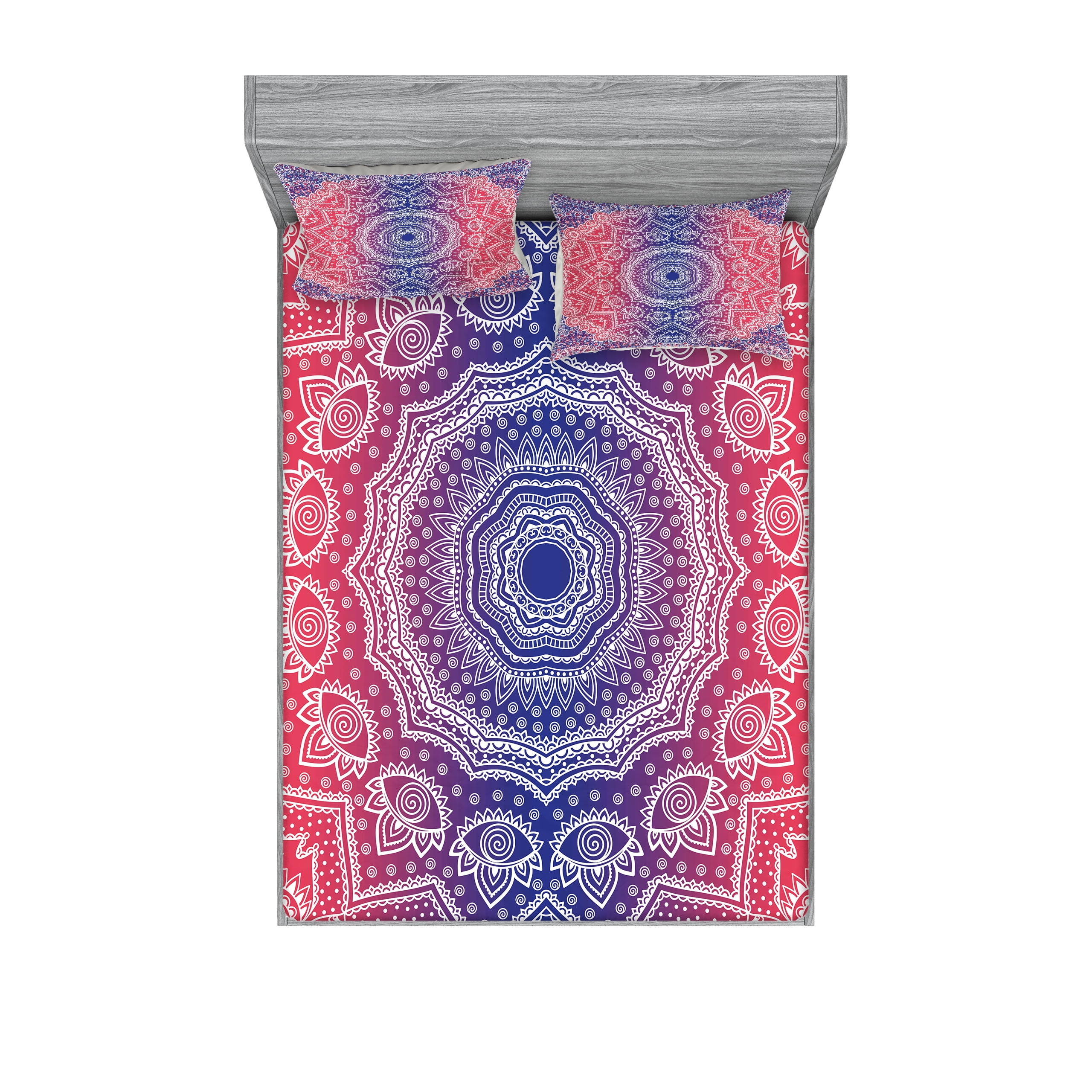 Ambesonne Mandala Fitted Sheet & Pillow Sham Set, Hippie Ombre Boho ...