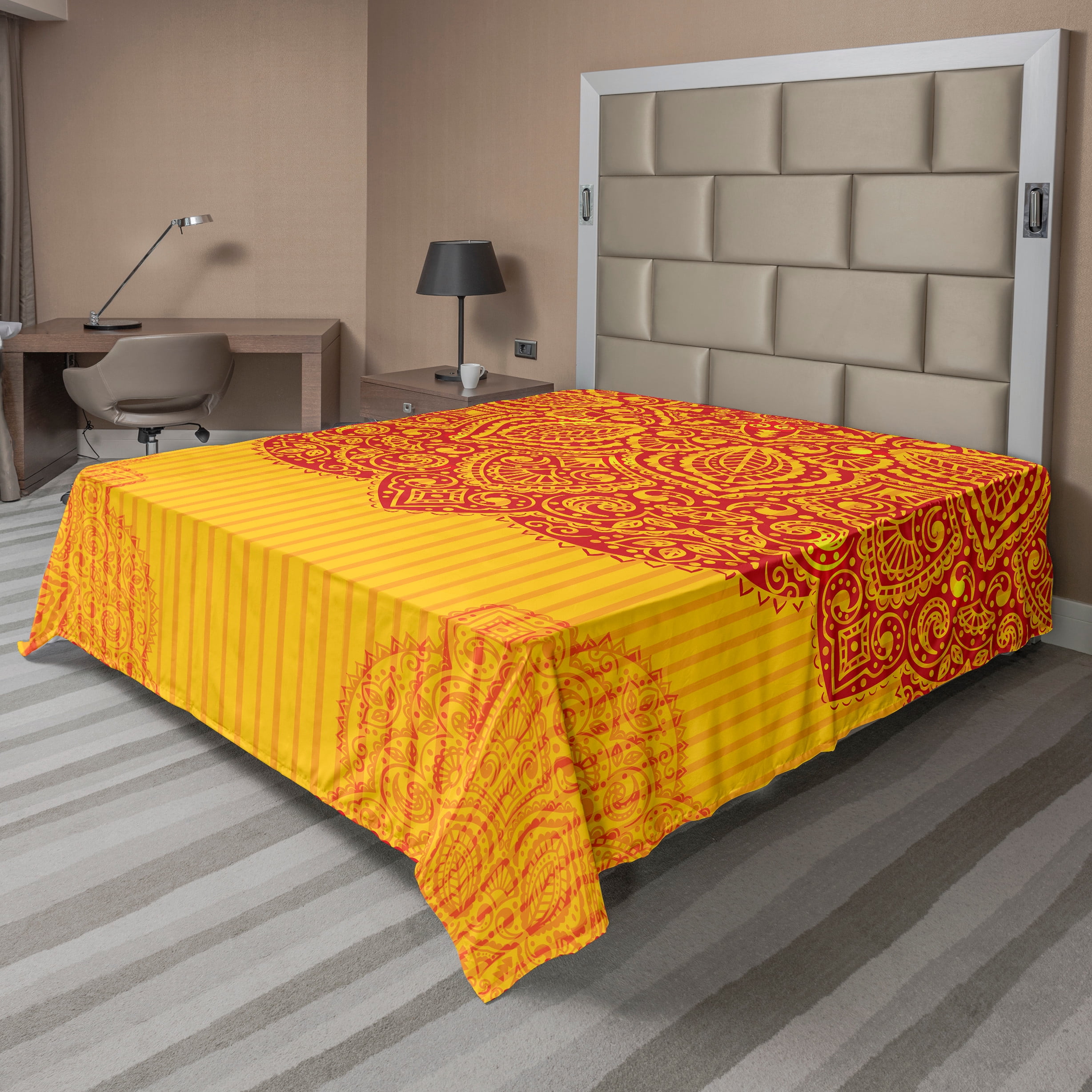 Ambesonne Mandala Flat Sheet, , Queen Size, Earth Yellow Vermilion ...