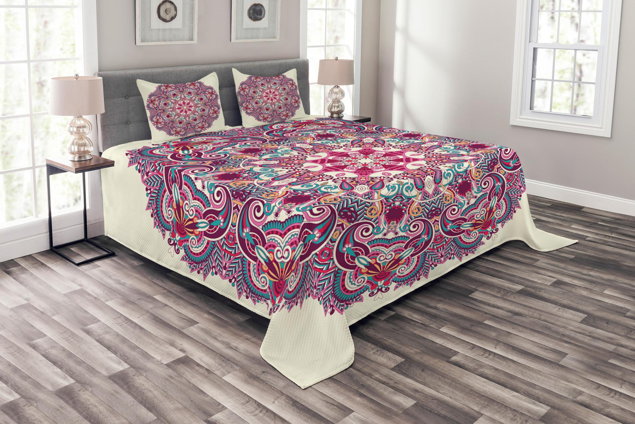 Ambesonne Mandala Quilted Bedspread Set 3 Pcs, Detailed Boho Floral ...