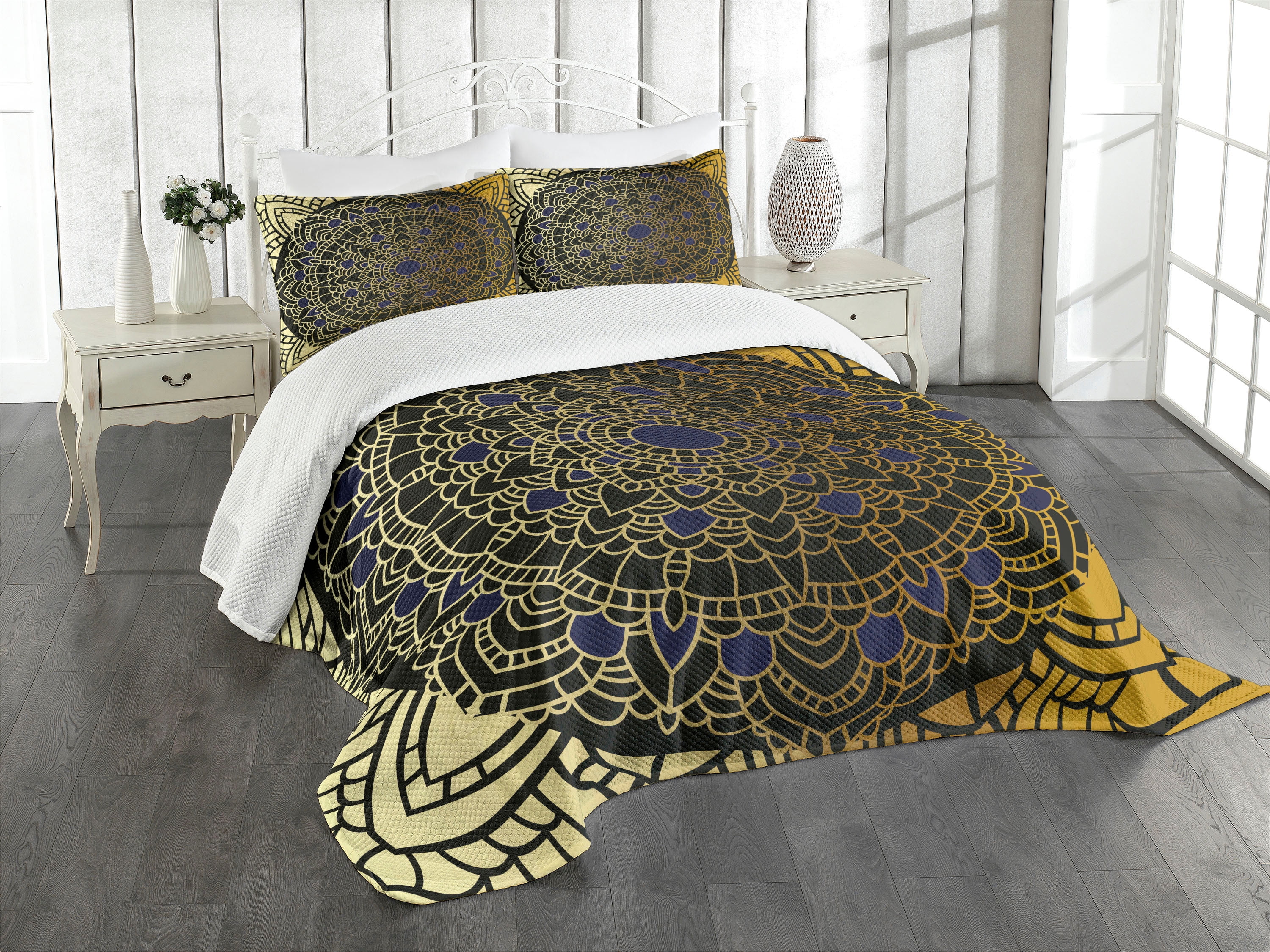 Ambesonne Mandala Quilted Bedspread Set 3 Pcs, Lotus Inspired Design ...