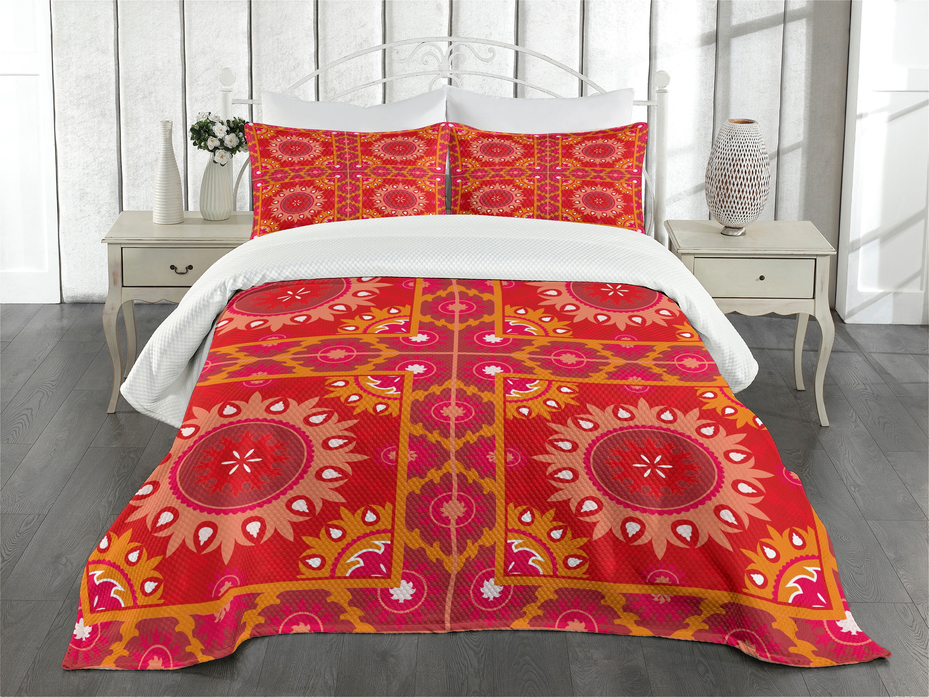 Ambesonne Mandala Quilted Bedspread Set 3 Pcs, Oriental Frames Squares ...