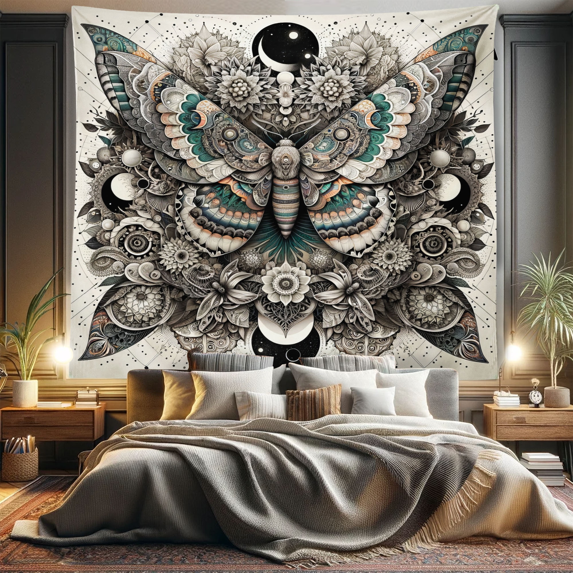 Ambesonne Mandala Tapestry King Size, Medieval Esotery Moth Print, 104 ...