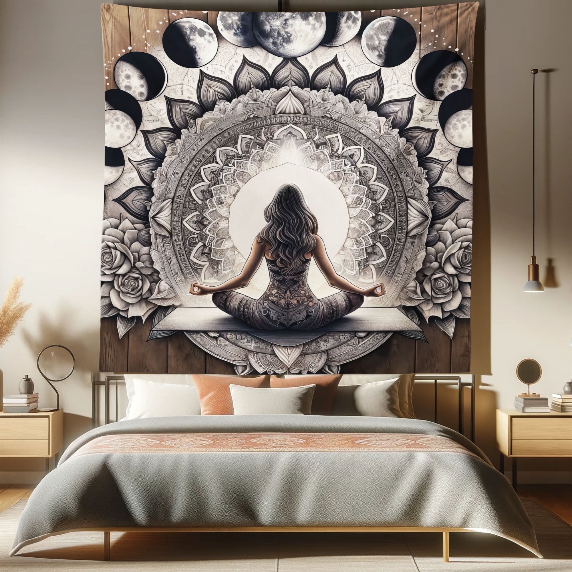 Ambesonne Mandala Tapestry Queen Size, Moon Phases and Lady Floral, 88 ...