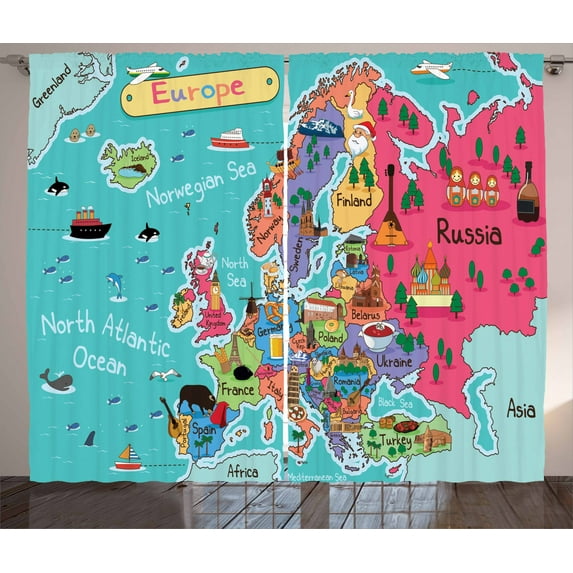 Ambesonne Map Curtains 2 Panel Set, Cartoon Europe Map Landmark, 108" x ...