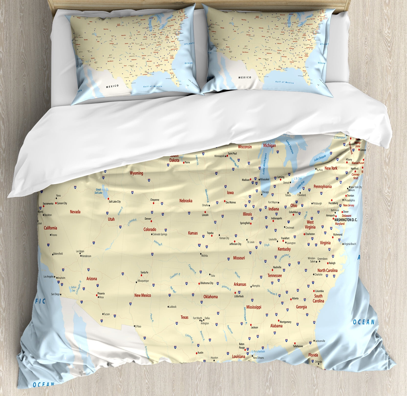 Ambesonne Map Duvet Cover Set, America Cities Interstate, King, Yellow ...
