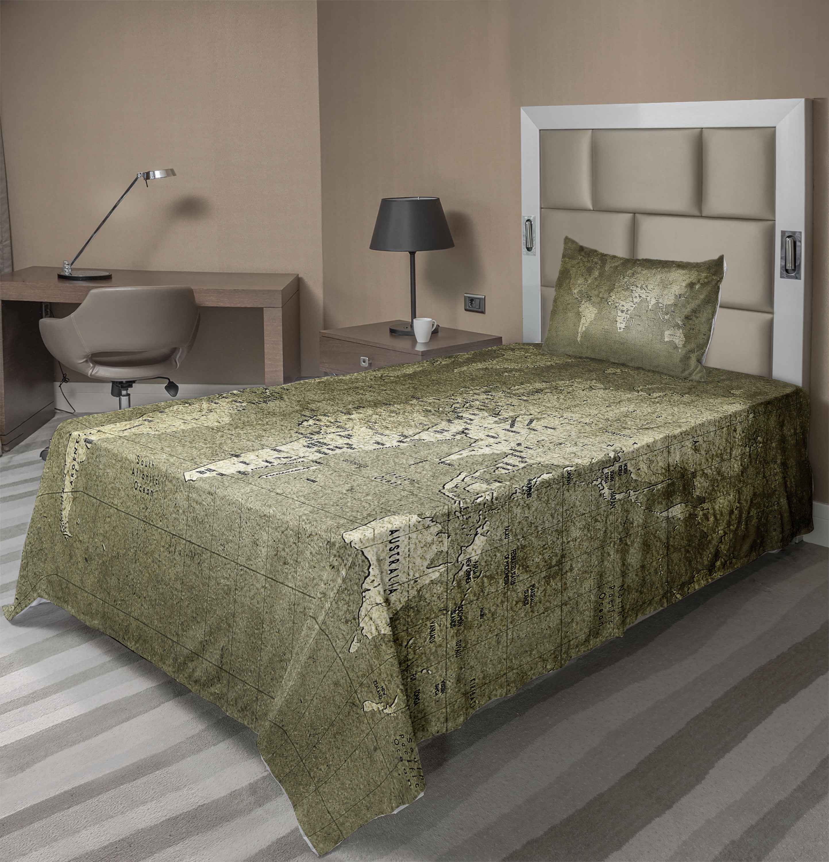 Ambesonne Map Fitted & Top Sheet Set with Sham, Nostalgic World Map ...