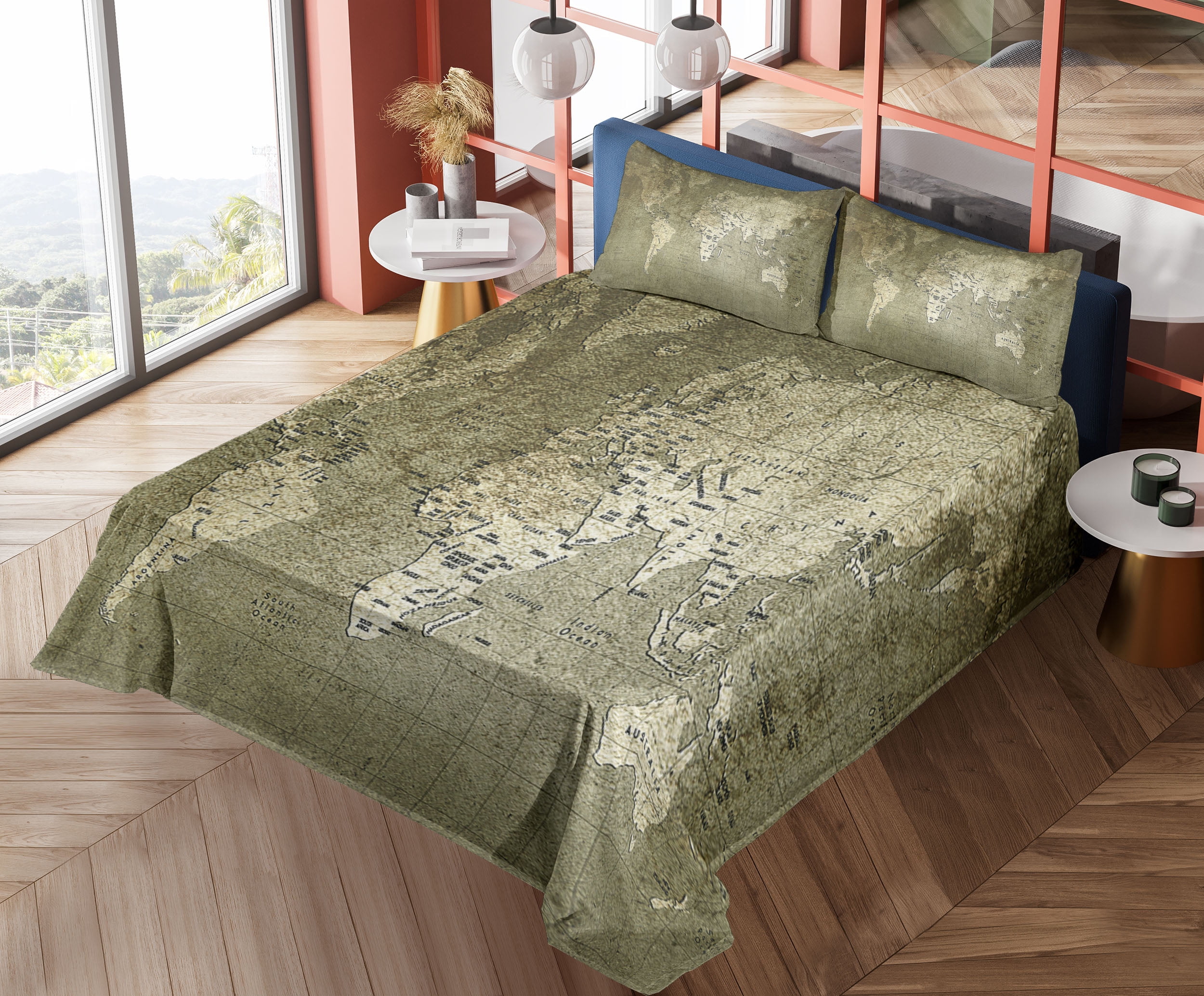 Ambesonne Map Fitted & Top Sheet Set with Shams, Nostalgic World Map ...