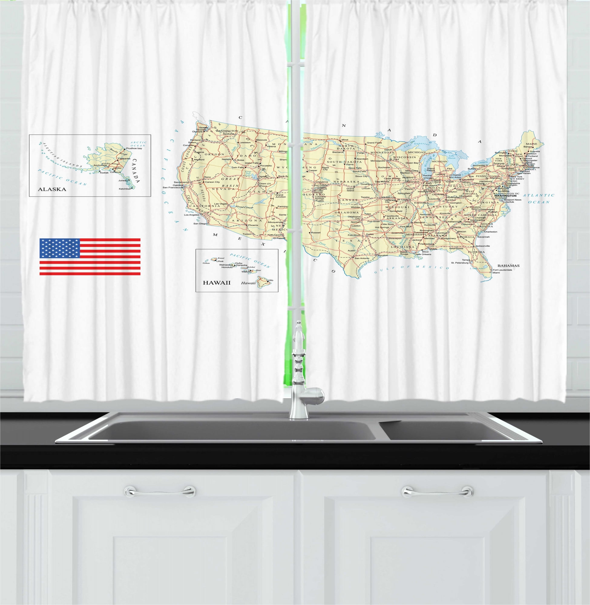 Ambesonne Map Kitchen Curtains, USA Detailed Country Map, 55"x45 ...
