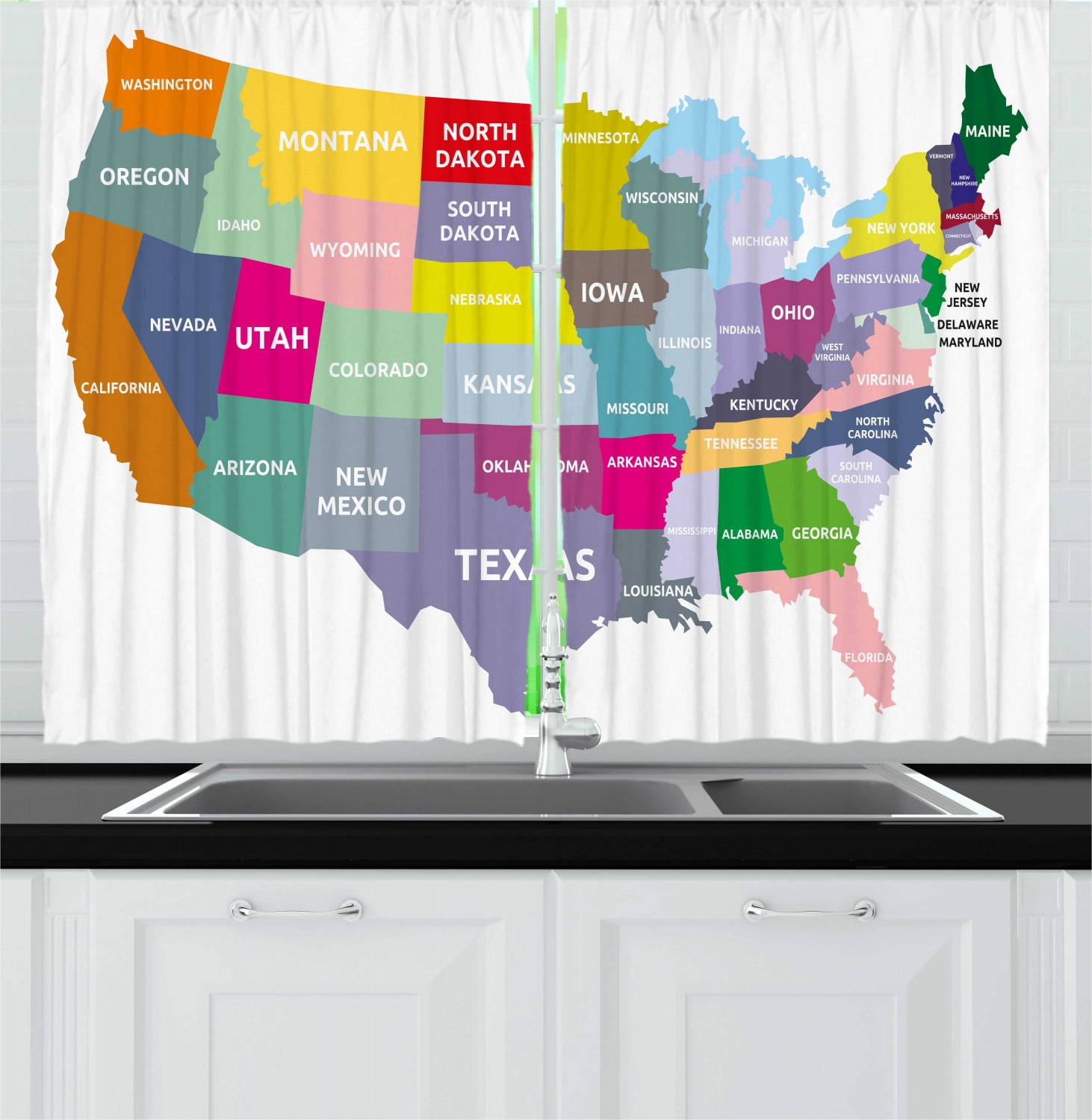 Ambesonne Map Kitchen Curtains, USA Map Colorful States, 55"x39 ...