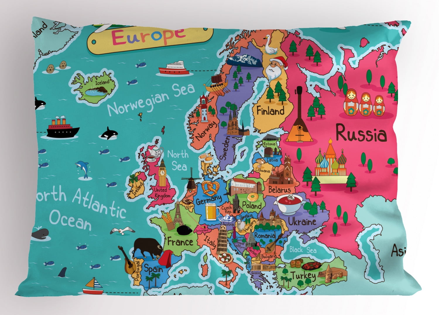 Ambesonne Map Pillow Sham, Cartoon Europe Map Landmark, 36" X 20 ...