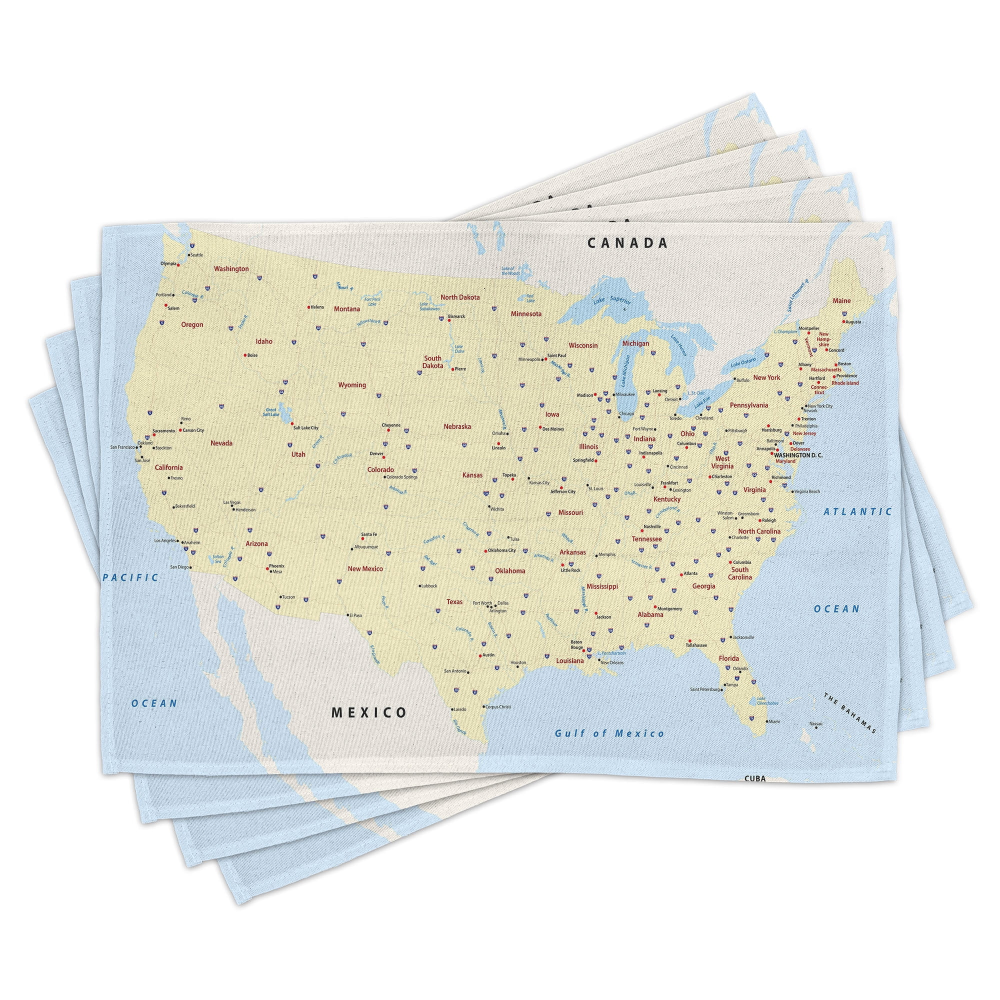 Ambesonne Map Place Mats Set of 4, America Cities Interstate, Standard ...