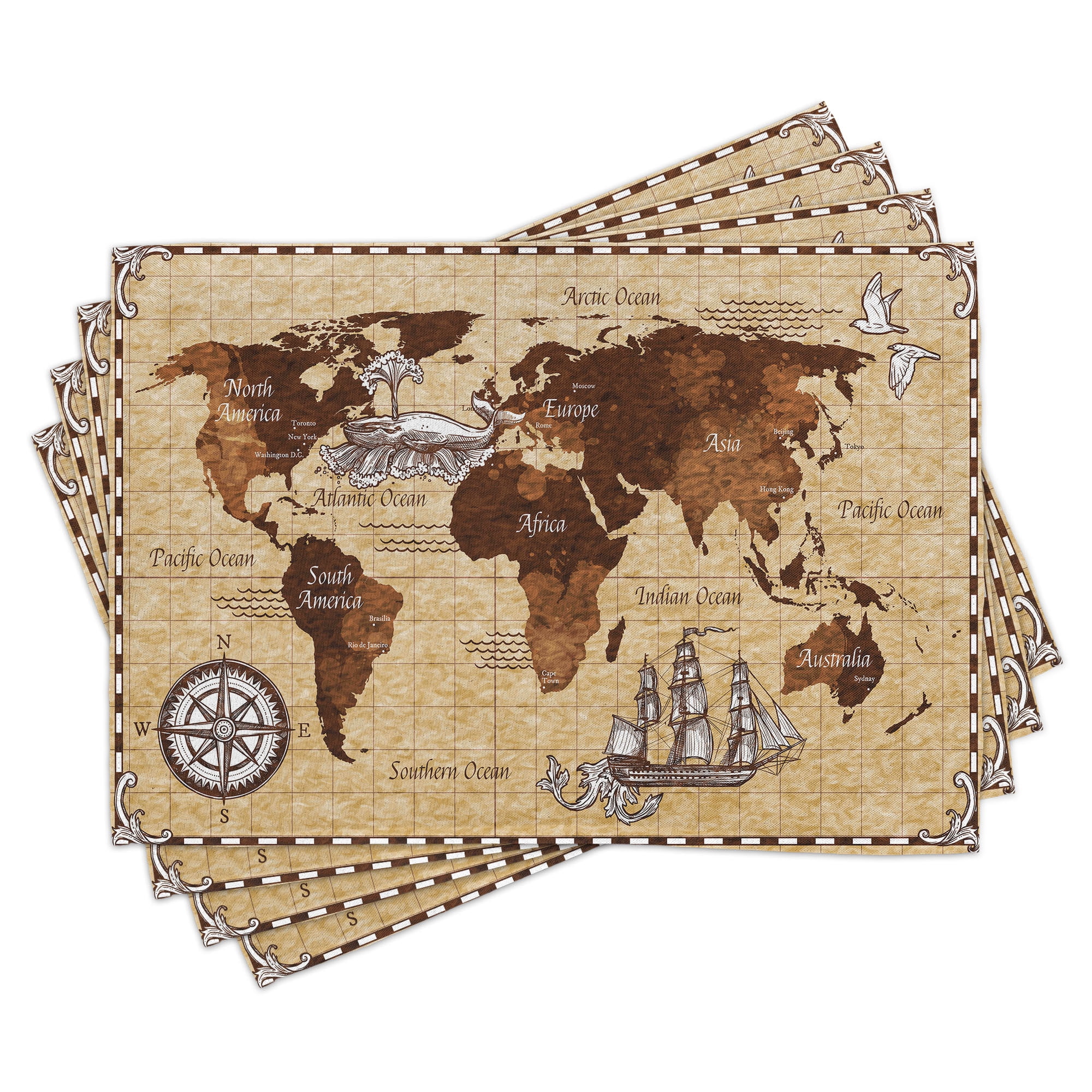 Ambesonne Map Place Mats Set of 4, Retro Sketch World Map, Standard ...