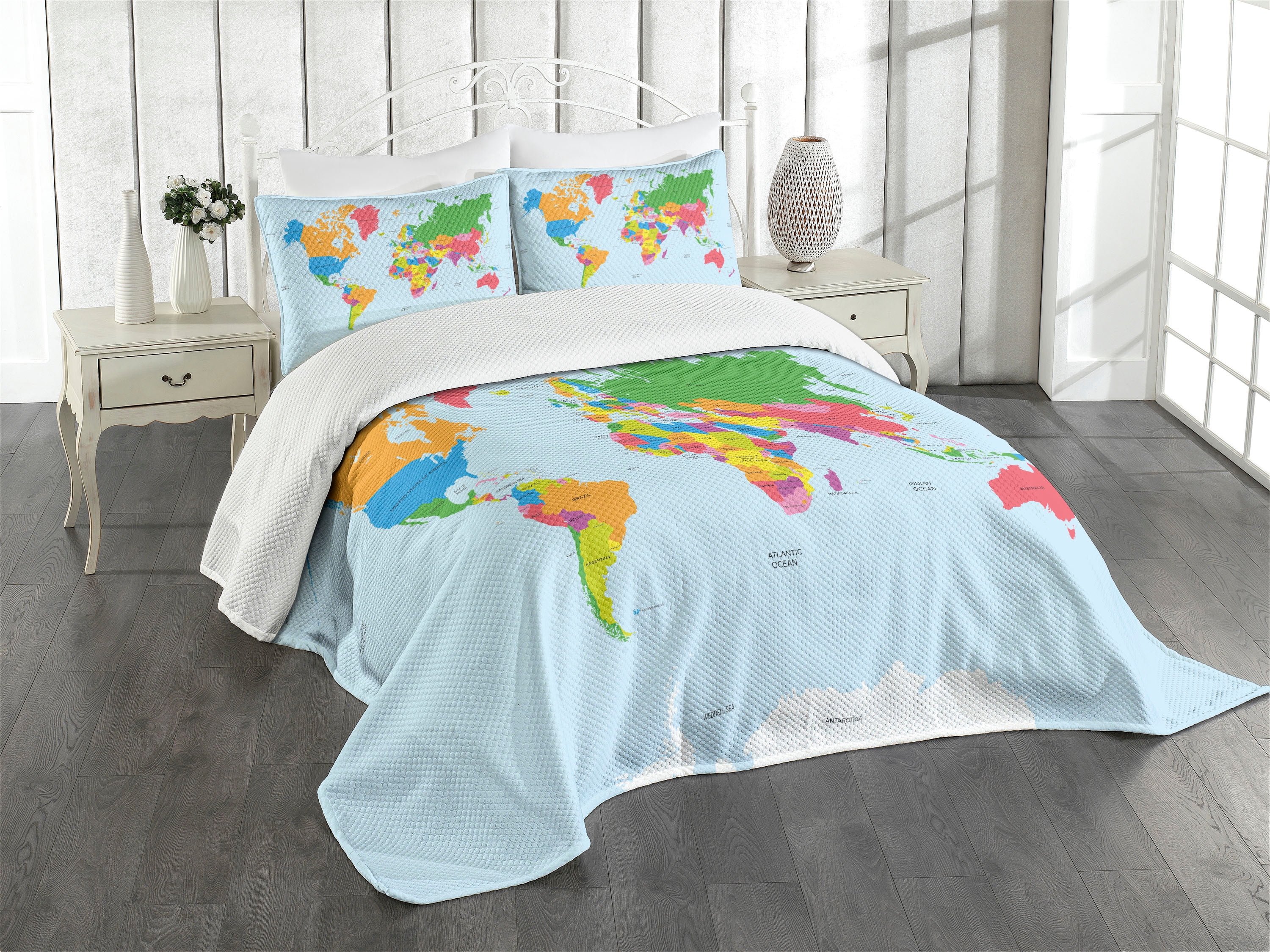 Ambesonne Map Quilted Bedspread Set 3 Pcs, Colorful Political World ...