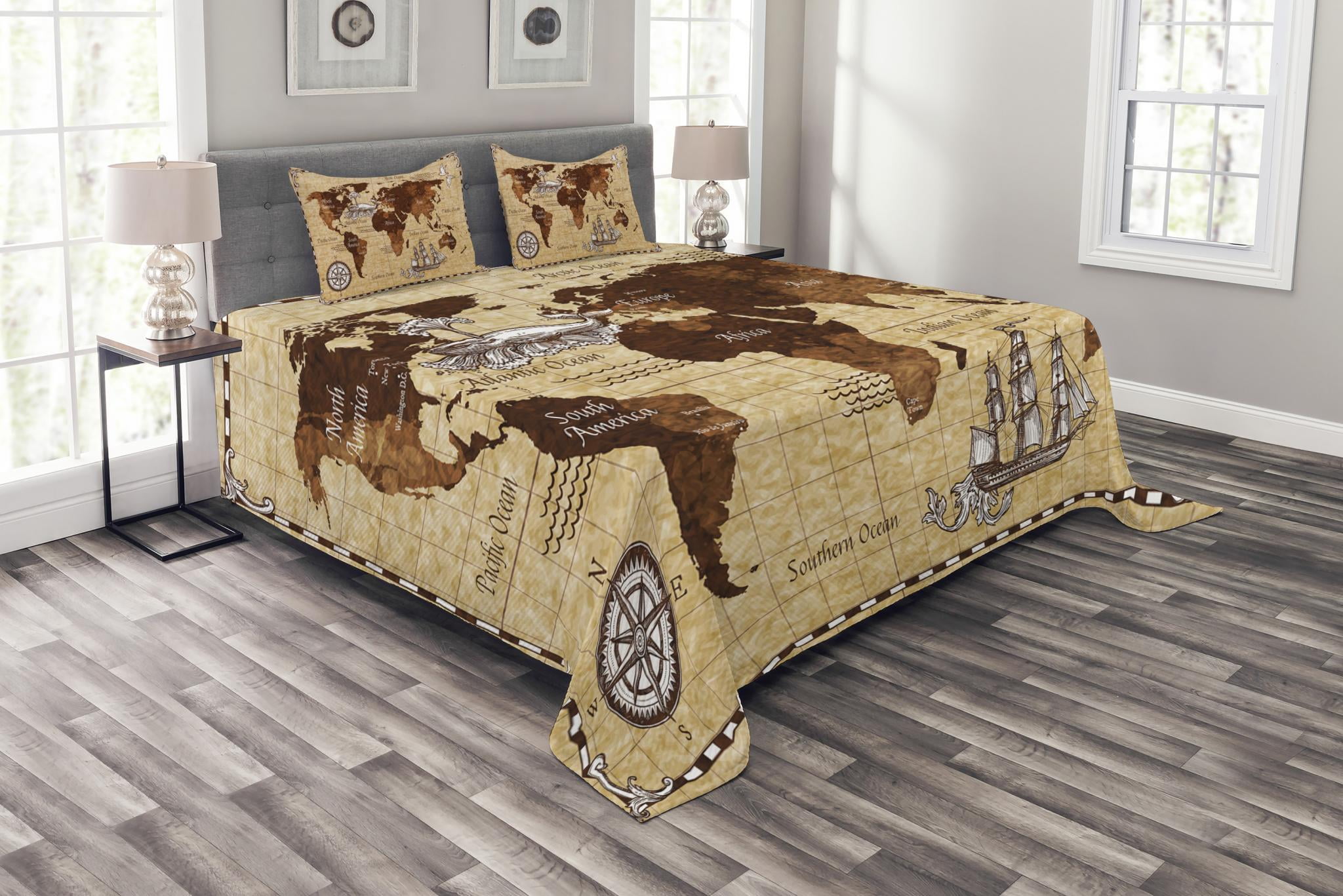 Ambesonne Map Quilted Bedspread Set 3 Pcs, Retro Sketch World Map, King ...