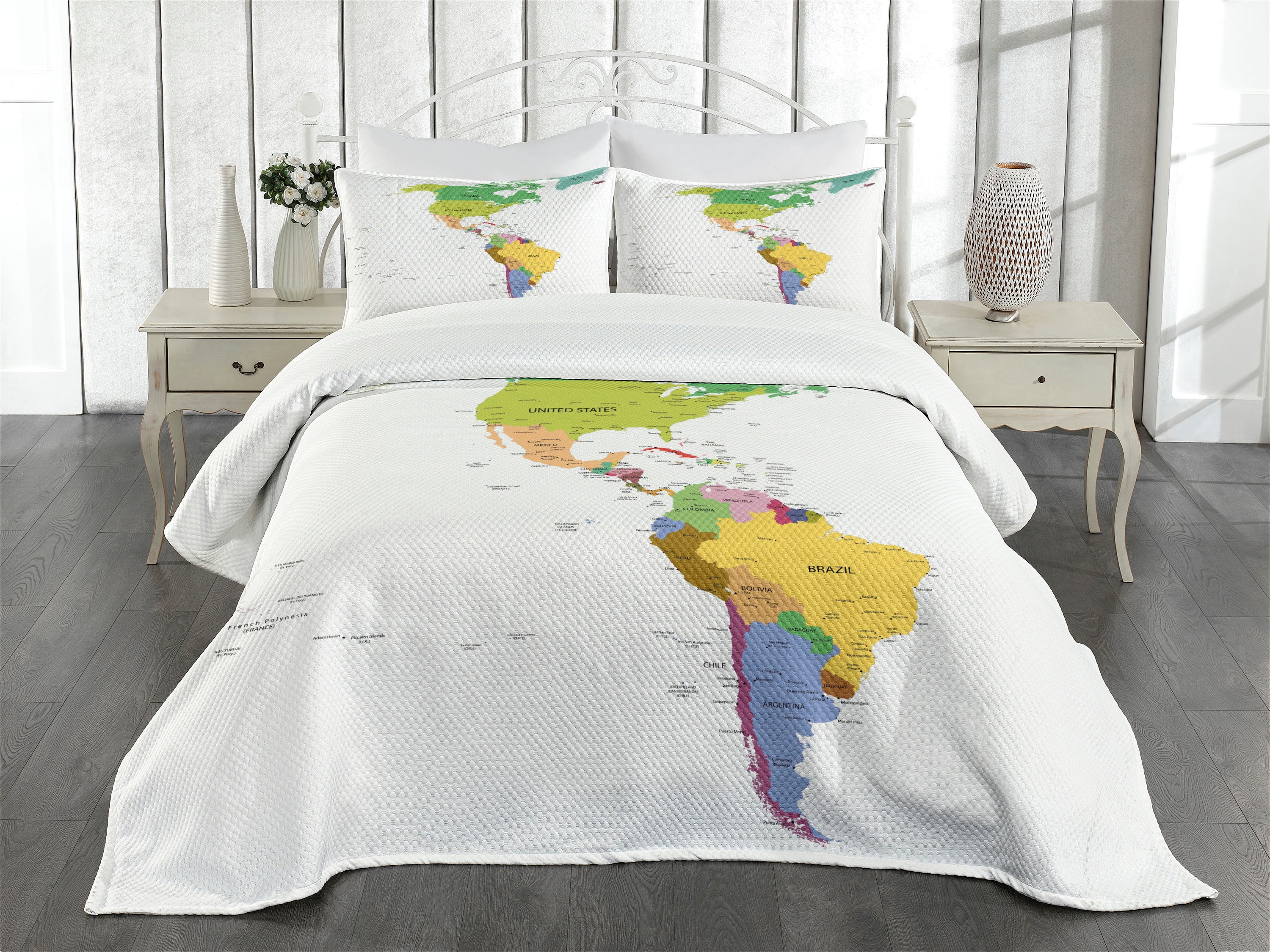 Ambesonne Map Quilted Bedspread Set 3 Pcs, South and North America ...
