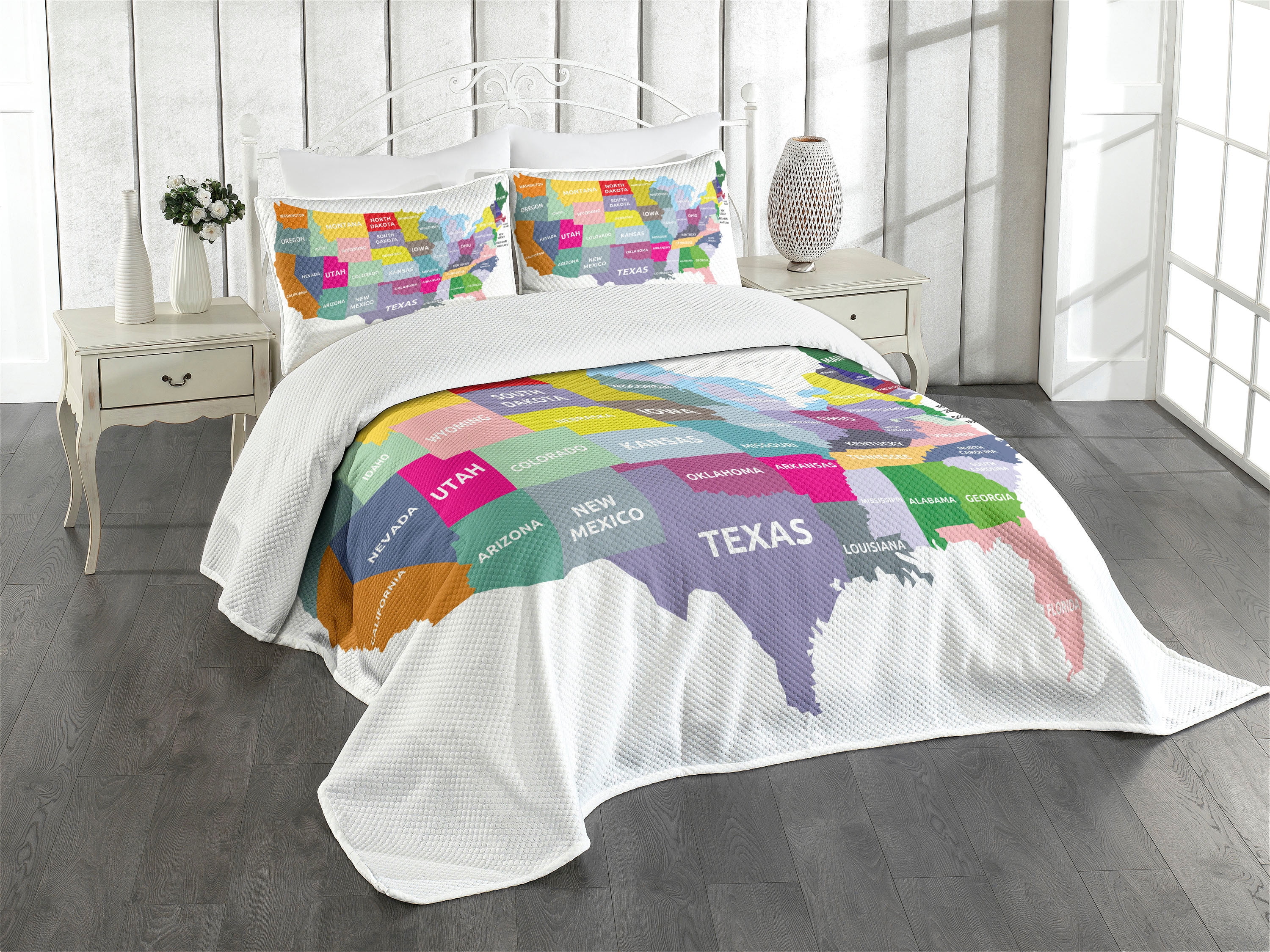 Ambesonne Map Quilted Bedspread Set 3 Pcs, USA Map Colorful States ...