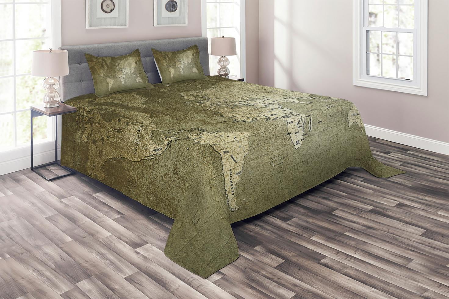 Ambesonne Map Quilted Coverlet 3 Pcs, Nostalgic World Map, Queen Size ...