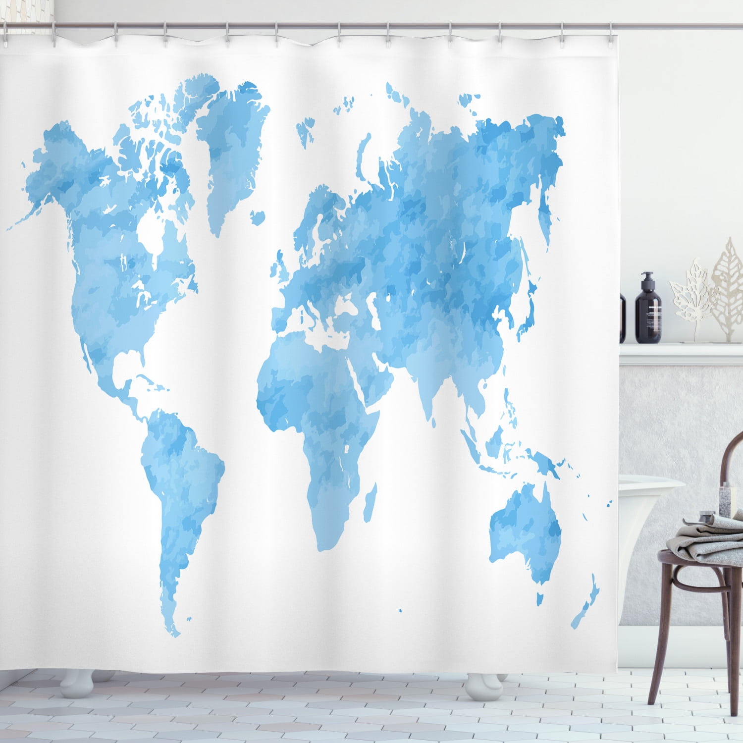 Ambesonne Map Shower Curtain, Blue Watercolor World Map, 69"Wx70"L ...
