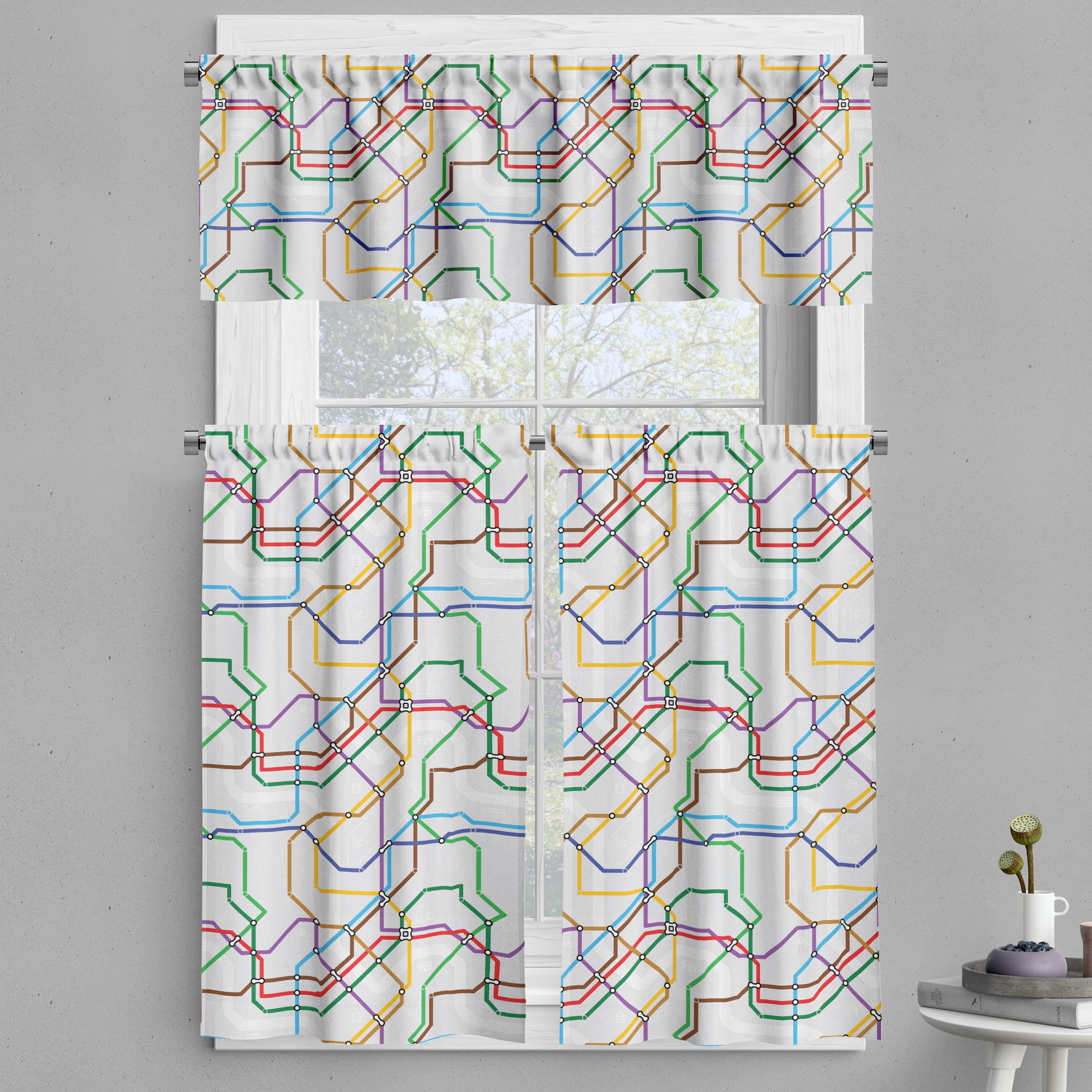 Ambesonne Map Valance & Curtain, Vibrant Striped Metro Route, 55"x45 ...