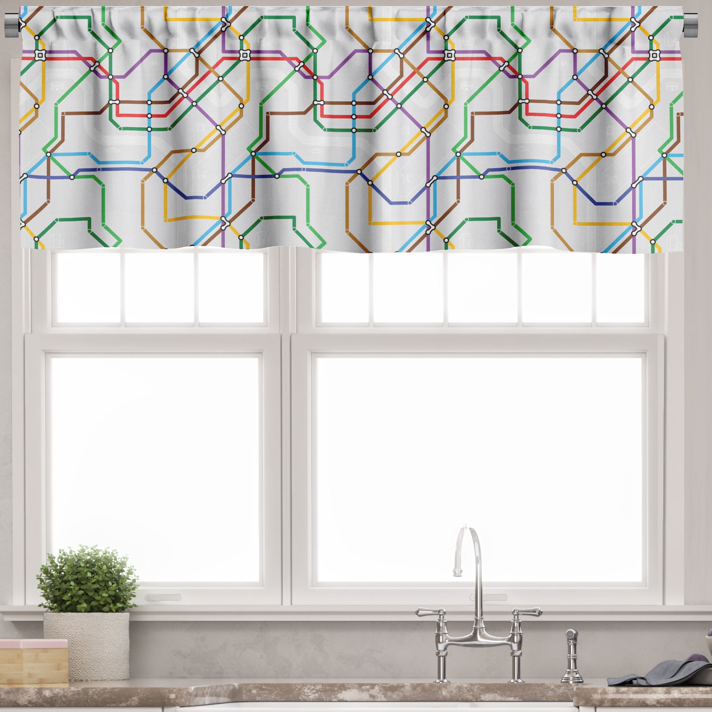 Ambesonne Map Valance Pack of 2, Vibrant Striped Metro Route, 42"X12 ...