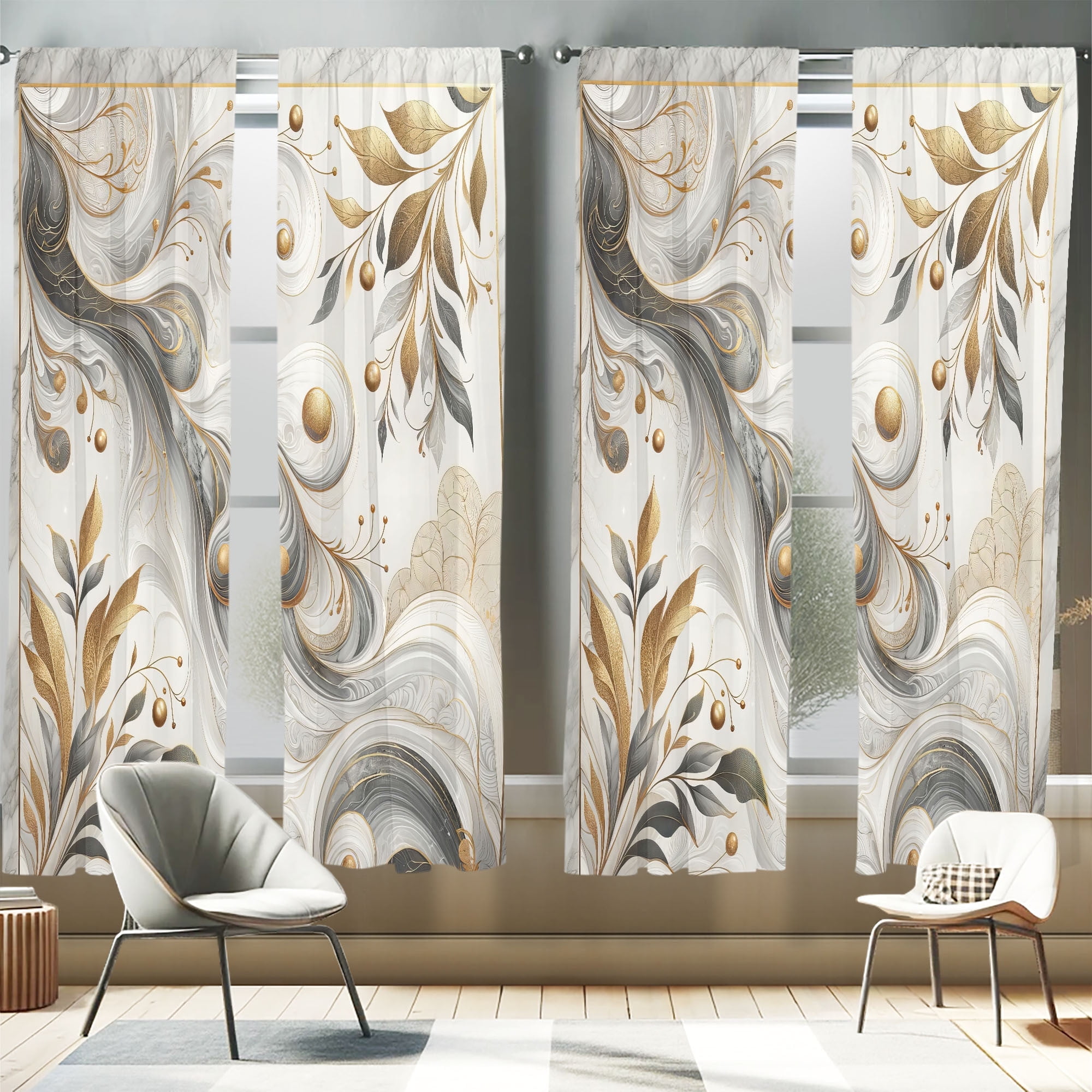 Ambesonne Marble Print 4-Panel Curtains, Swirls and Branches, 56"x95 ...