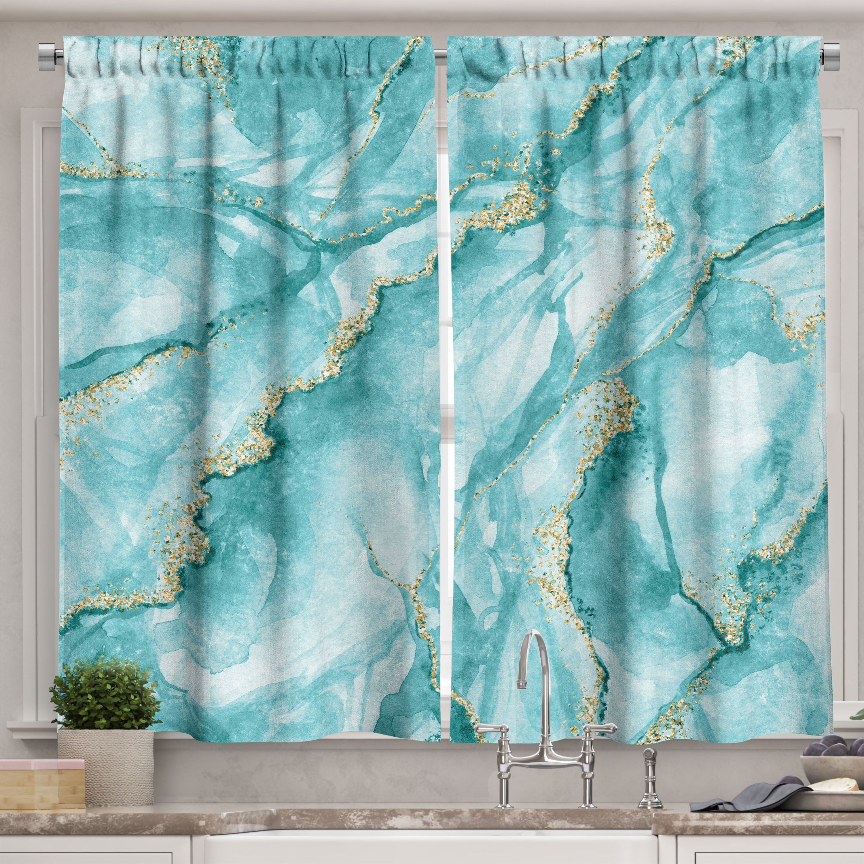 Ambesonne Marble Print Kitchen Curtains, Aquatic Abstract Motif, 55"x30 ...