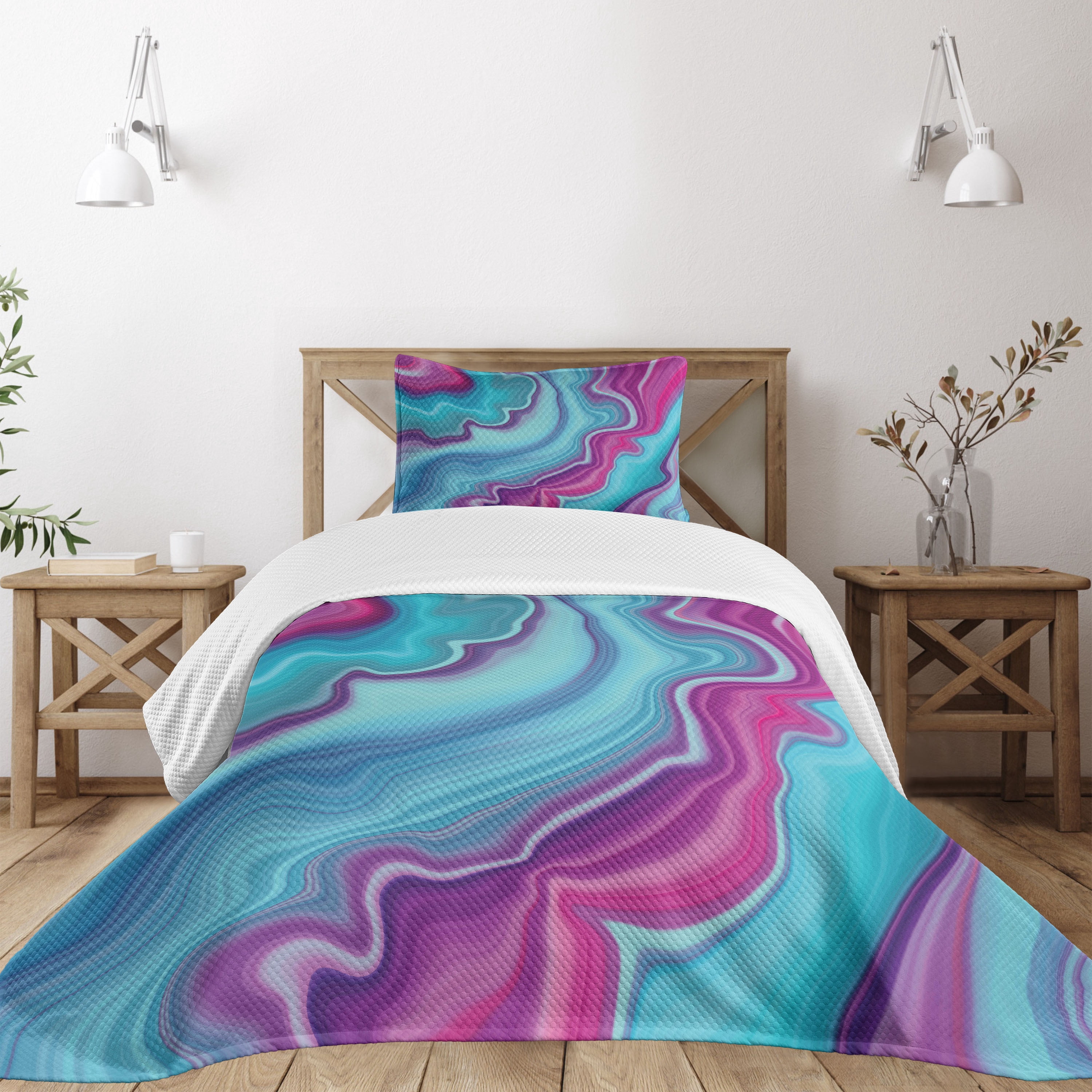 Ambesonne Marble Print Quilted Bedspread Set 2 Pcs, Liquid Wavy Aqua ...