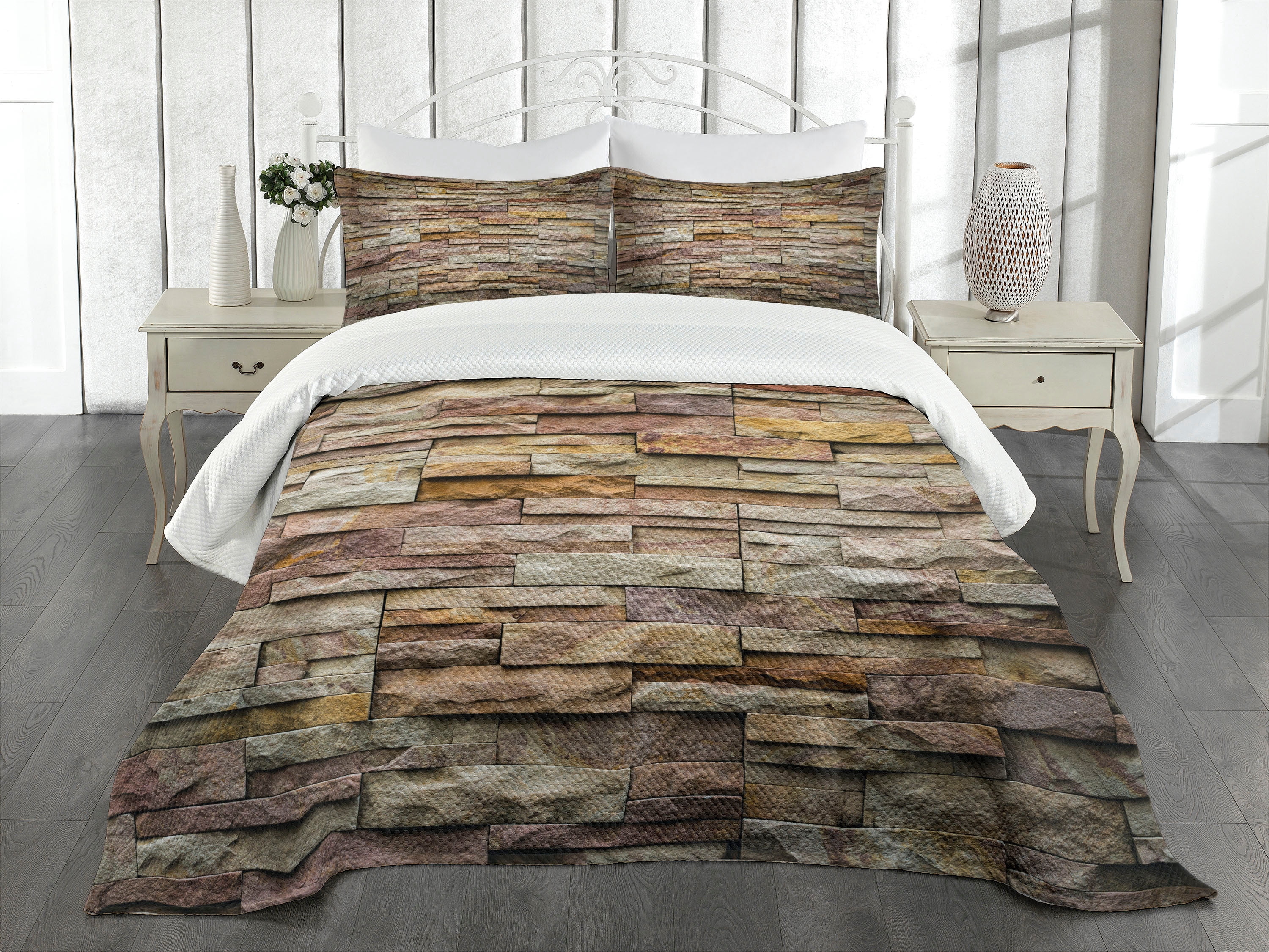 Ambesonne Marble Print Quilted Bedspread Set 3 Pcs, Urban Brick Slate ...