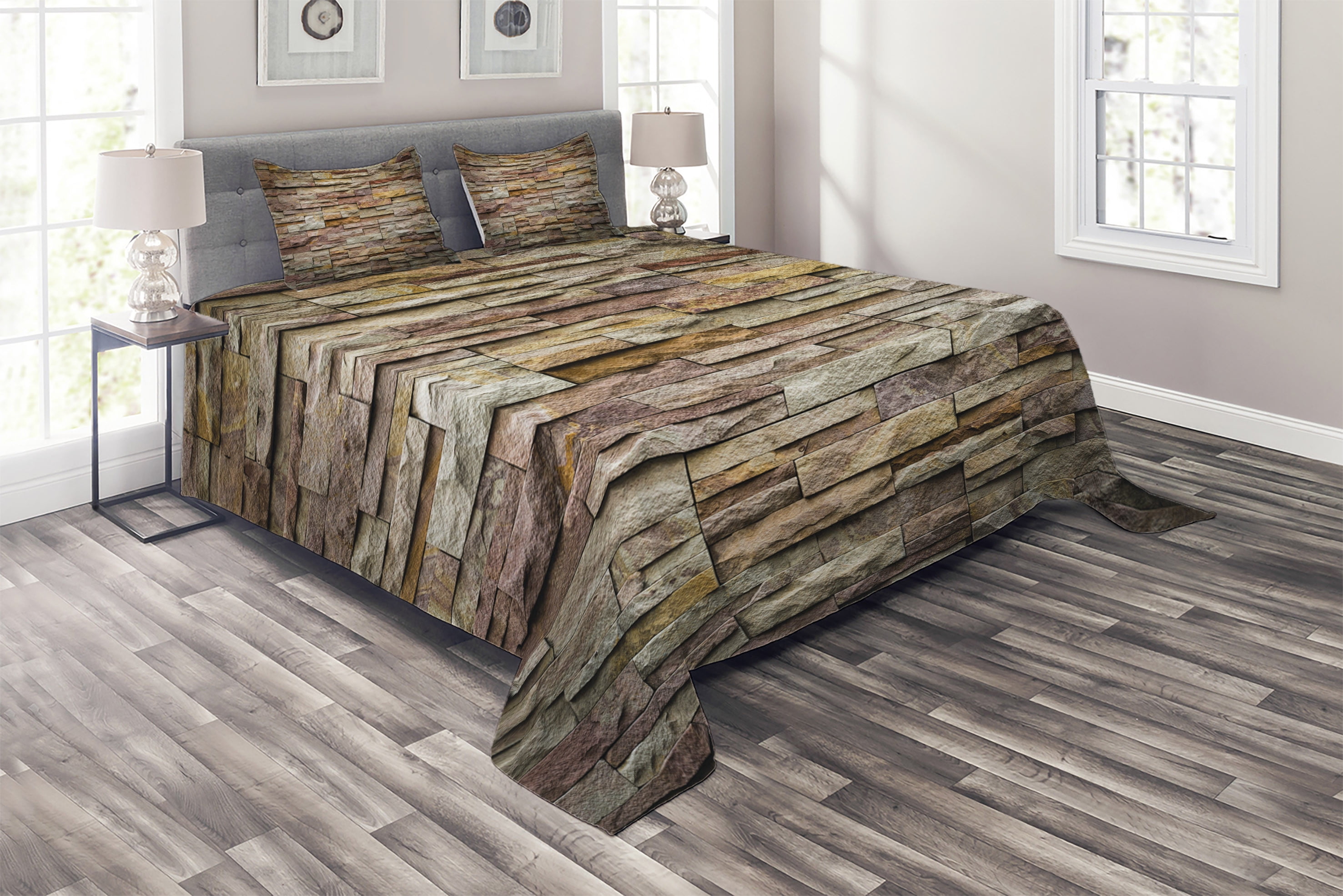 Ambesonne Marble Print Quilted Coverlet 3 Pcs, Urban Brick Slate Wall ...