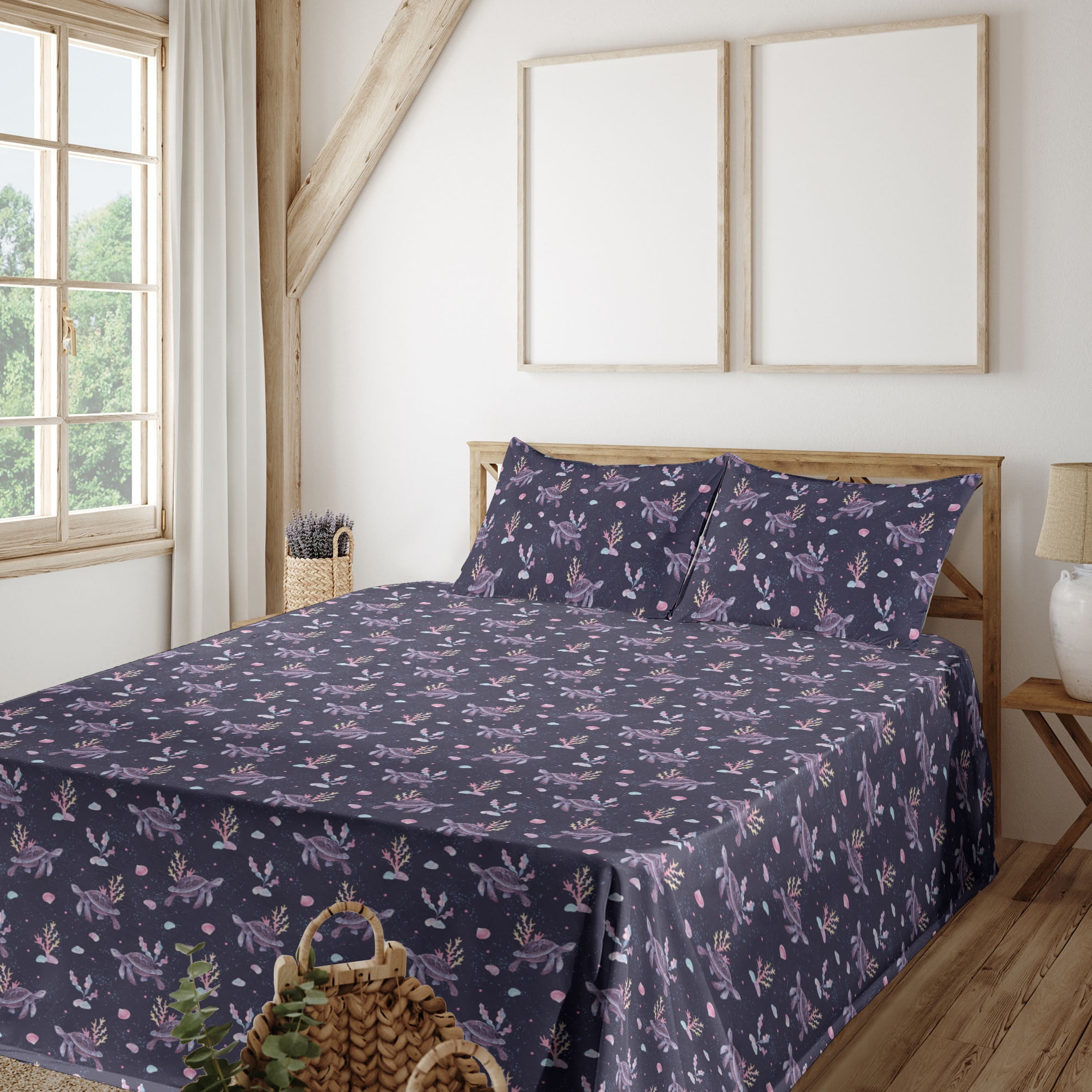 Ambesonne Marine Fitted & Flat Sheet with Shams 4 Pcs Set, Caretta Caretta Print Corals, King ...