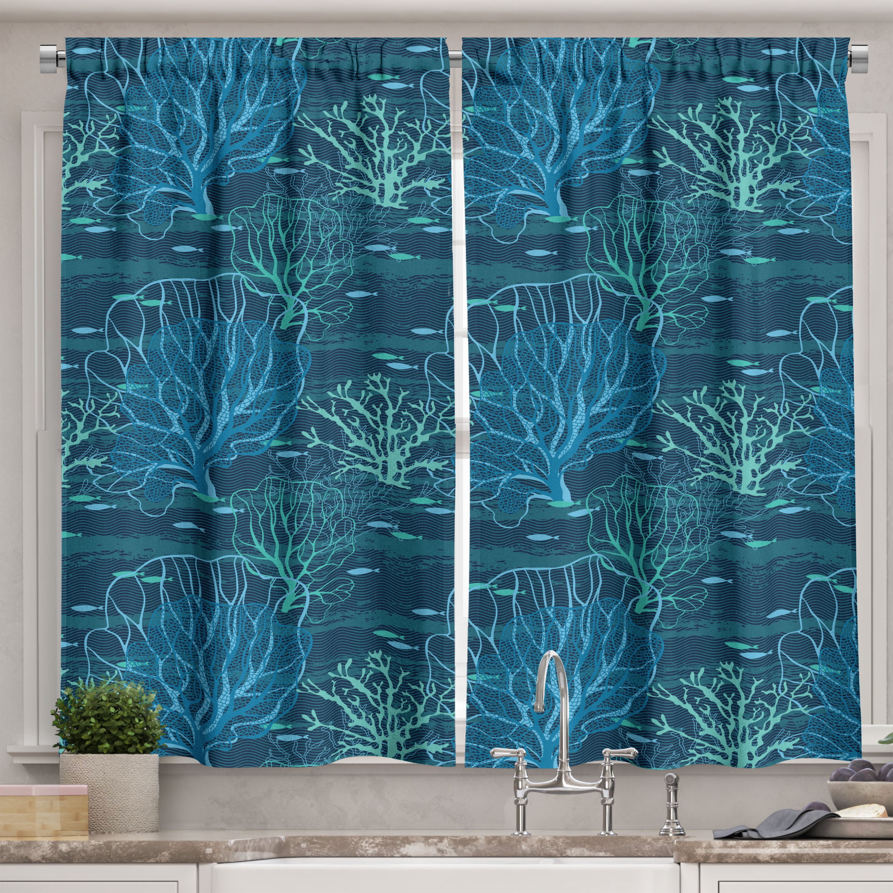Ambesonne Marine Kitchen Curtains, Coral Reef Underwater Life, 55"x45 ...