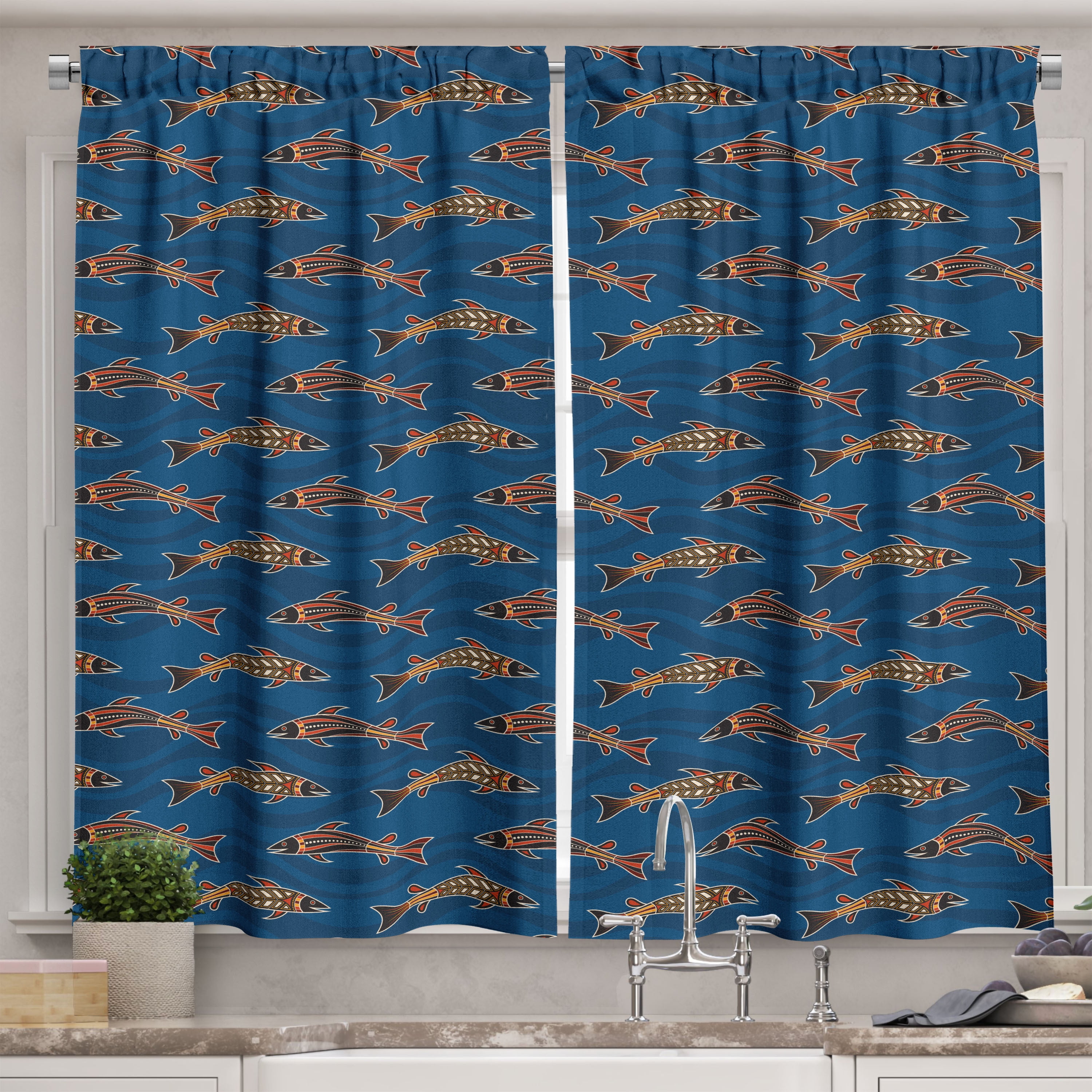 Ambesonne Marine Kitchen Curtains, Folk Fish with Wave Patterns, 55"x45 ...
