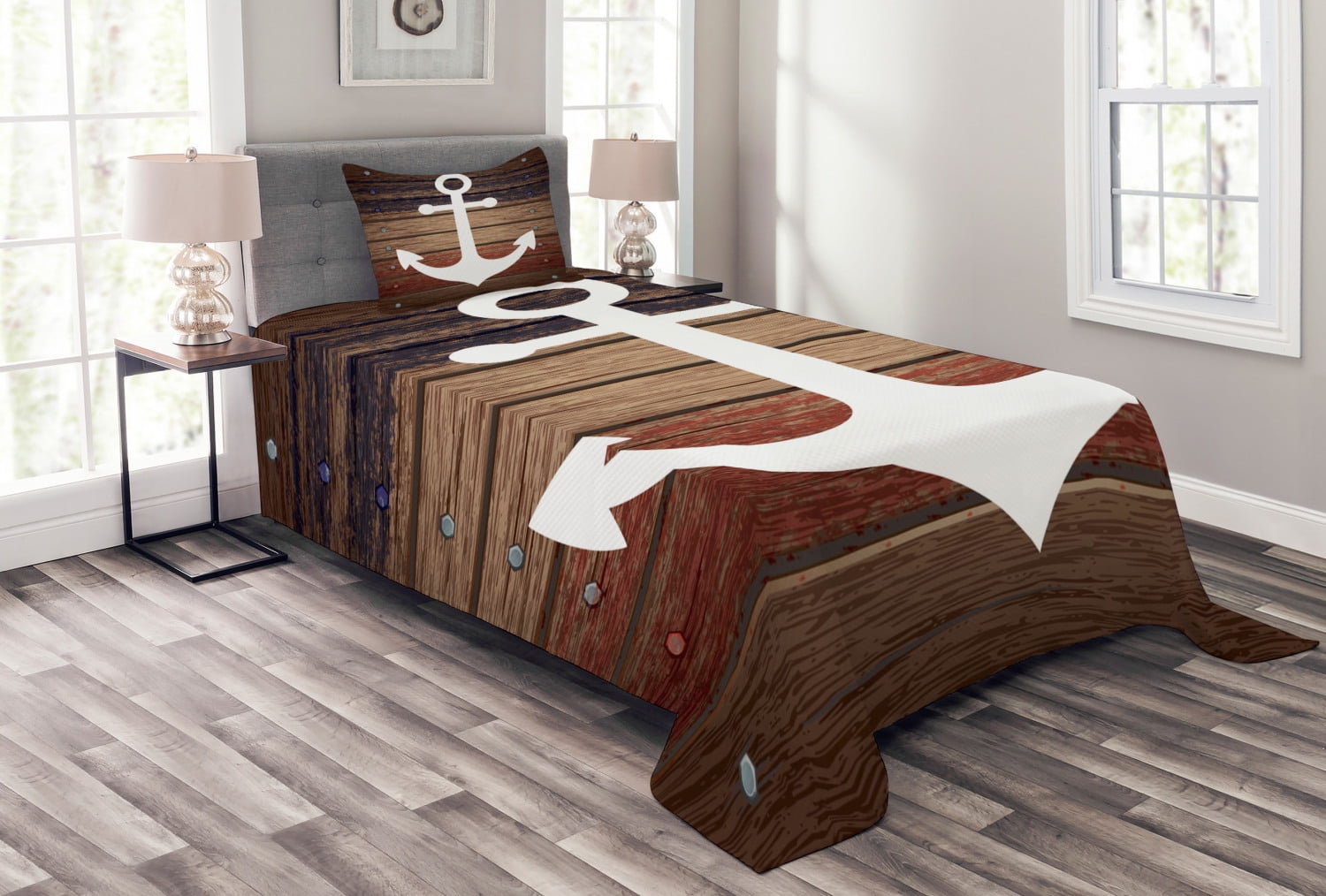 Ambesonne Marine Quilted Bedspread Set 2 Pcs, Boat Theme Anchor Motif ...