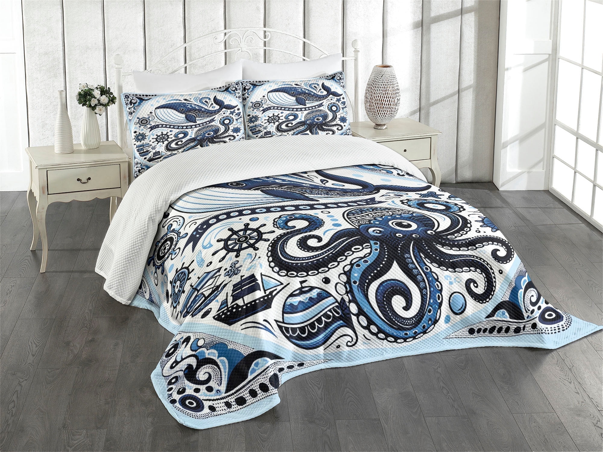 Ambesonne Marine Quilted Bedspread Set 3 Pcs, Whale and Octopus ...