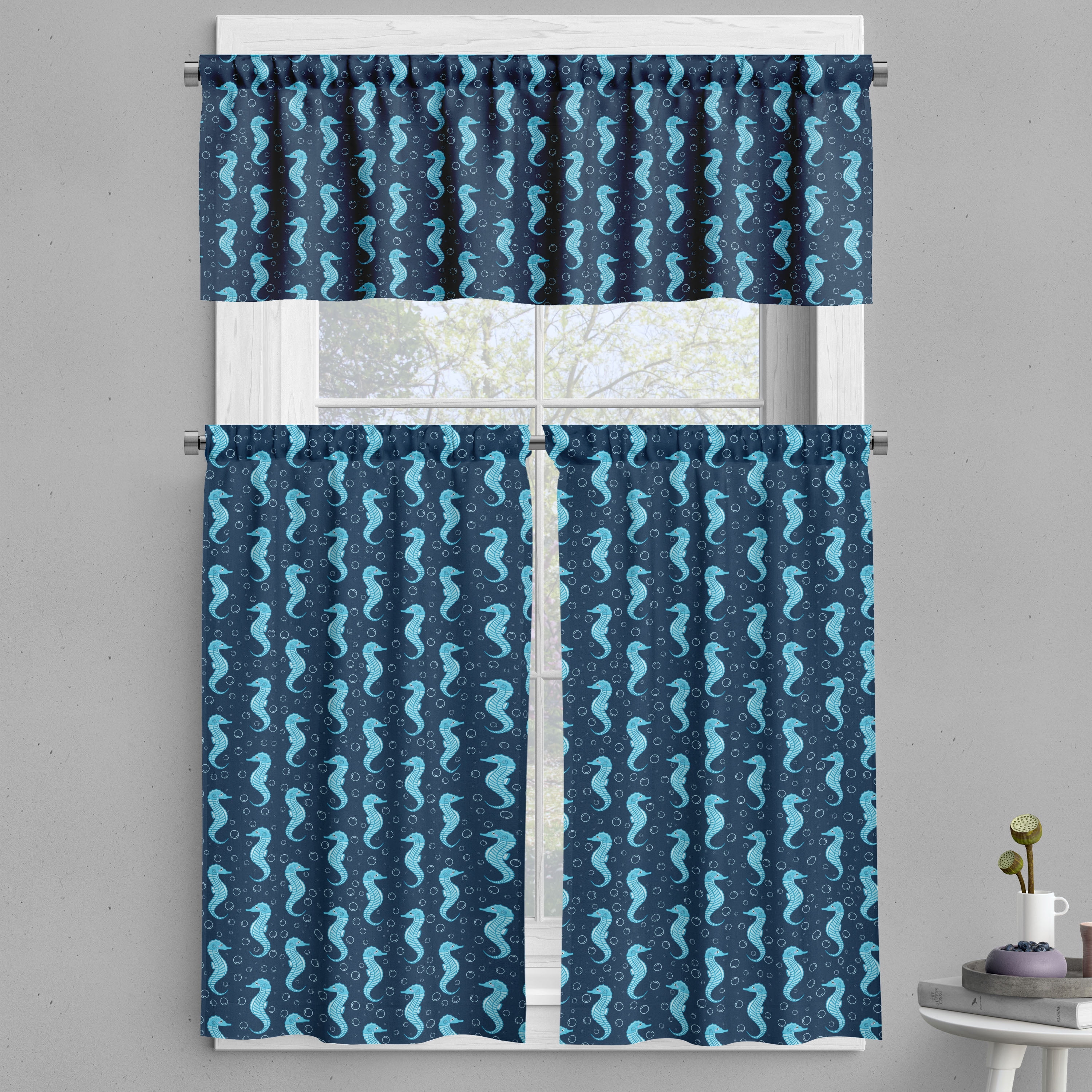 Ambesonne Marine Valance & Curtain, Seahorses and Bubbles Art, 55"x36 ...