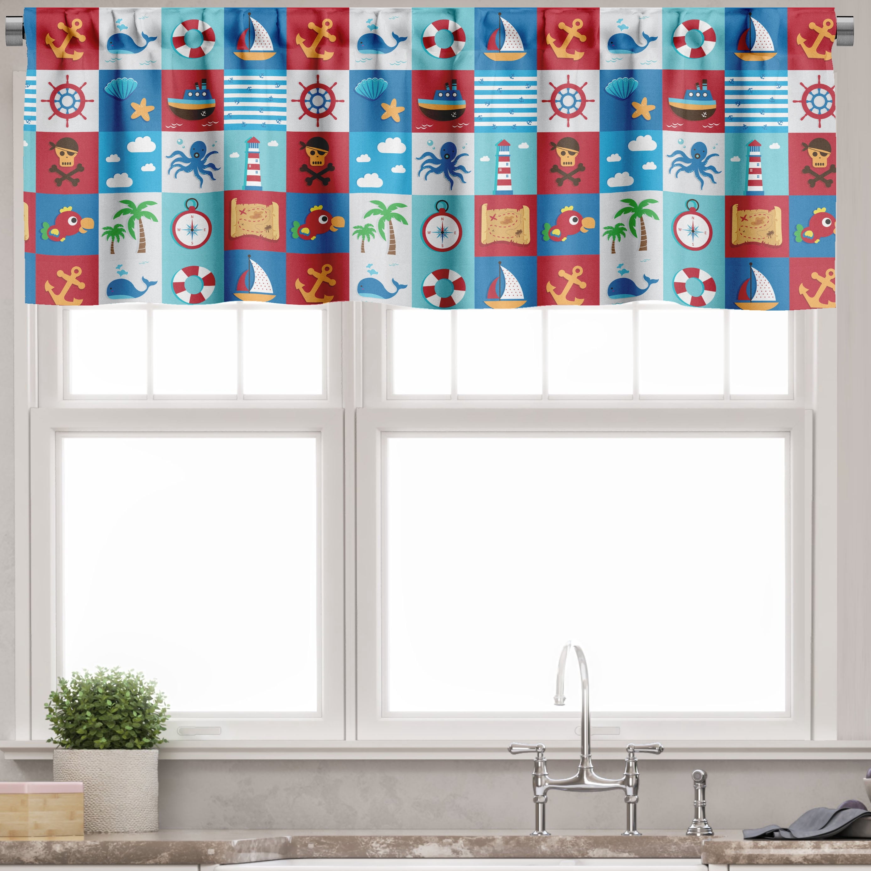 Ambesonne Marine Valance Pack of 2, Cartoon Nautical, 54"X12 ...