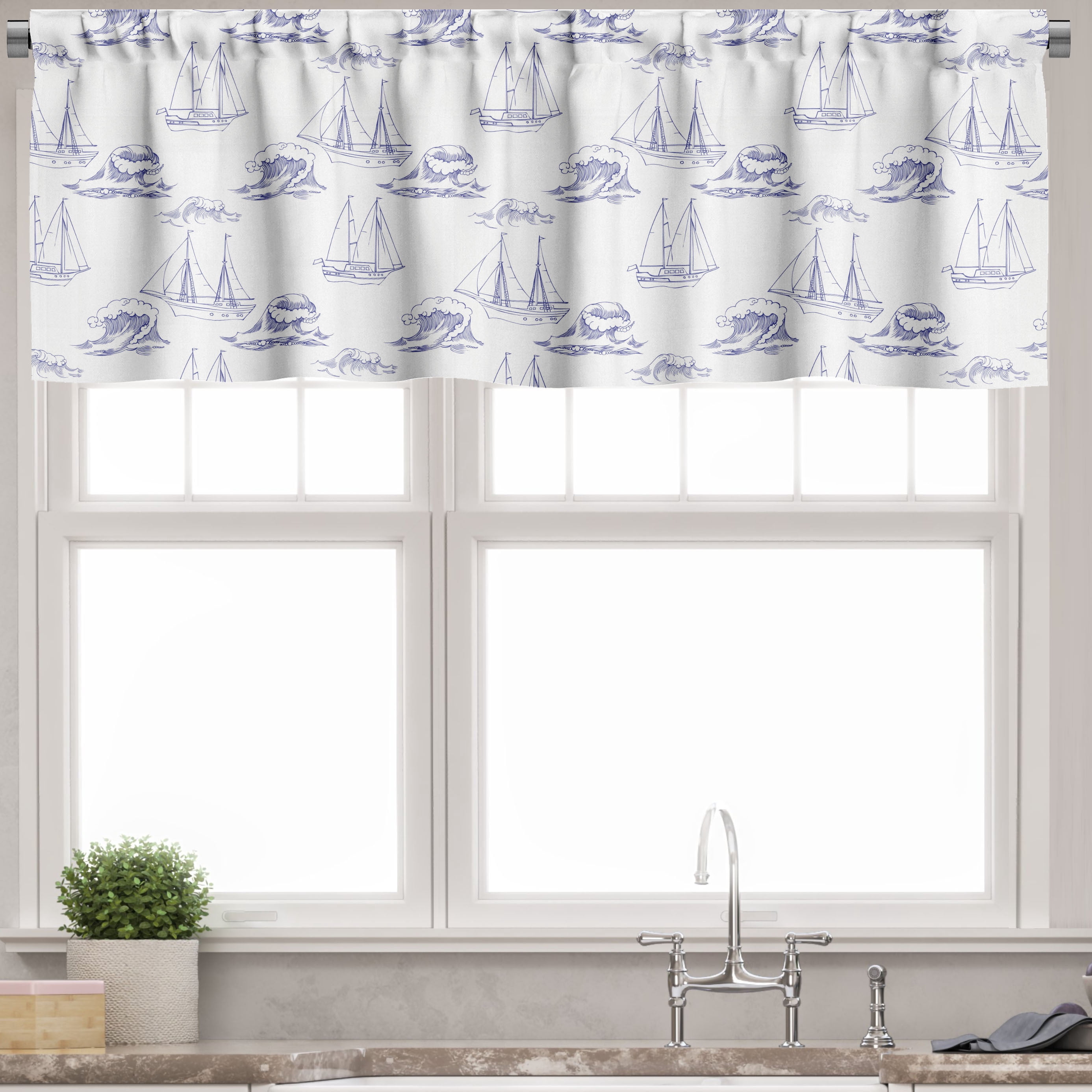Ambesonne Marine Valance Pack of 2, Ships and Waves Maritime Art, 54 ...