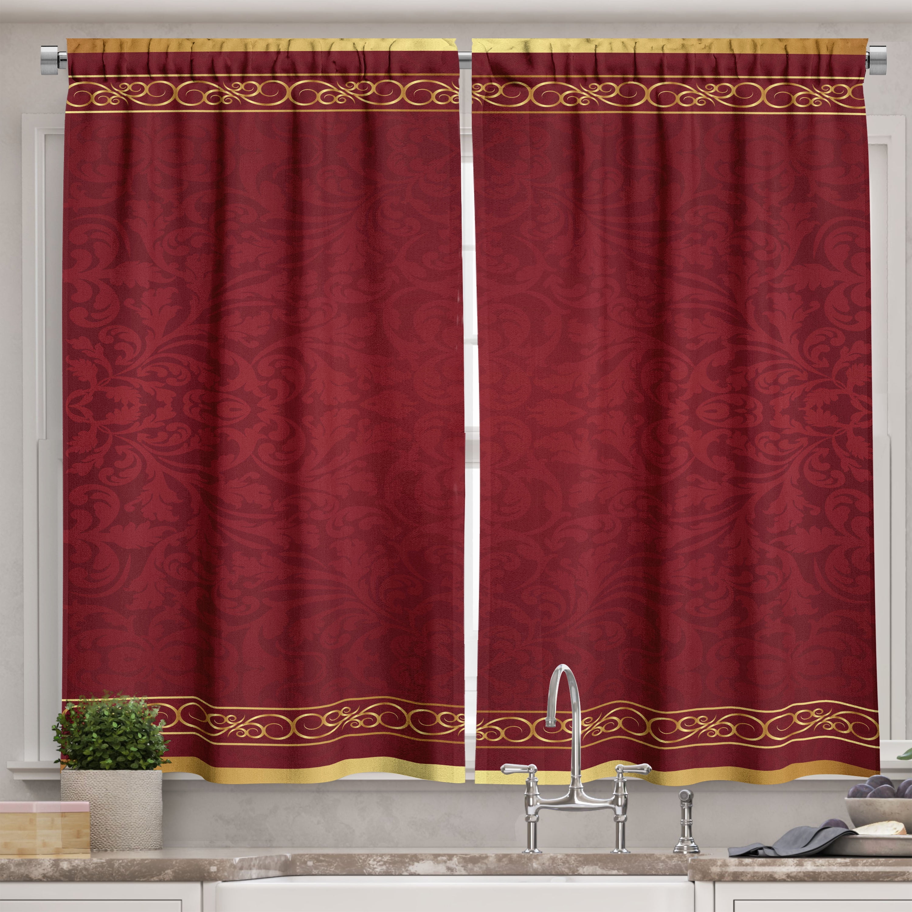 Ambesonne Maroon Kitchen Curtains, Baroque Style Swirls Frames, 55"x45 ...